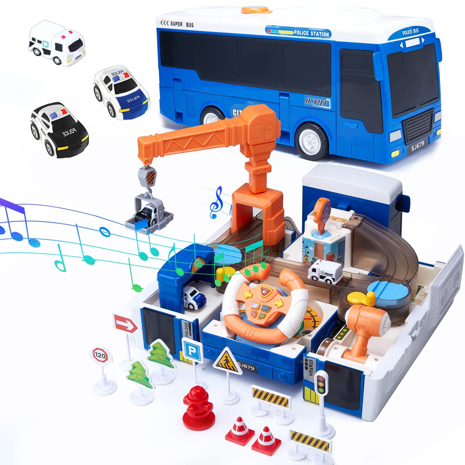 Itcaoseklu Race Track Car Adventure Bus Toys, Tranforming Bus with Sound and Light Simulation Steering Wheel,Vehicle Toy Gift for 3 4 5 6 7 8 Year Old Kids Boys Girls, Blue