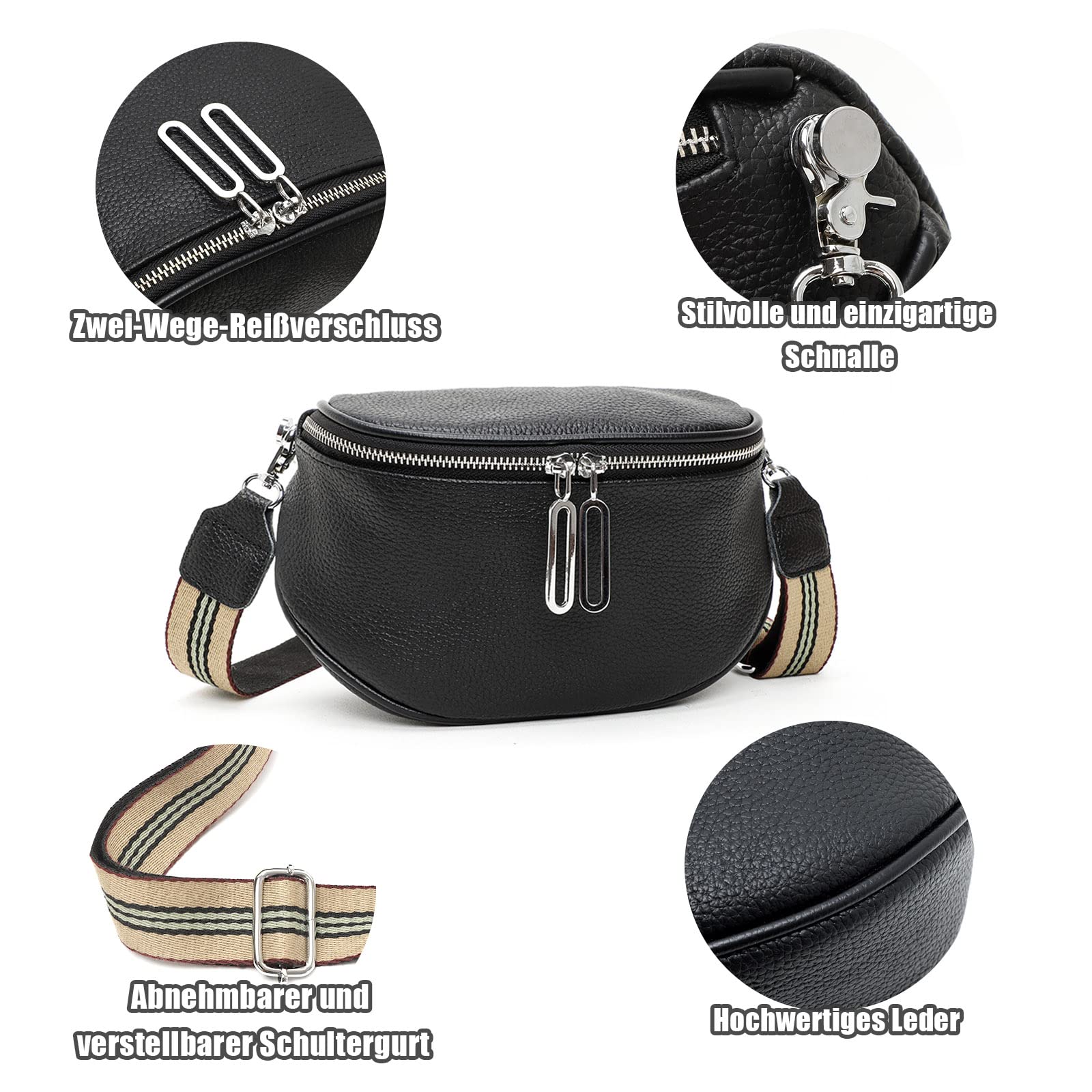 Fibrdoo Leather Crossbody Bag for Women, Elegant Shoulder Bag with Removable Strap Mobile Phone Purse, Leather Saddle Bag, Black