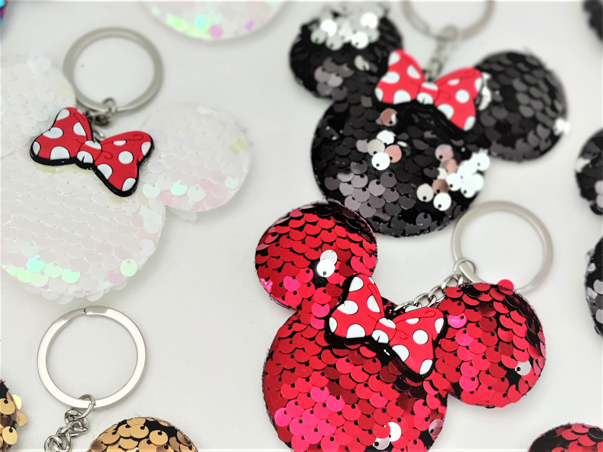 ITISMINE 12 pieces Sparkly BLINK Plush Reversible Sequin 3 inch Key Chain Appeal Backpack Bag Accessories (Minnie Shape), Red Pink Gold Silver Rainbow, 1 size fit all