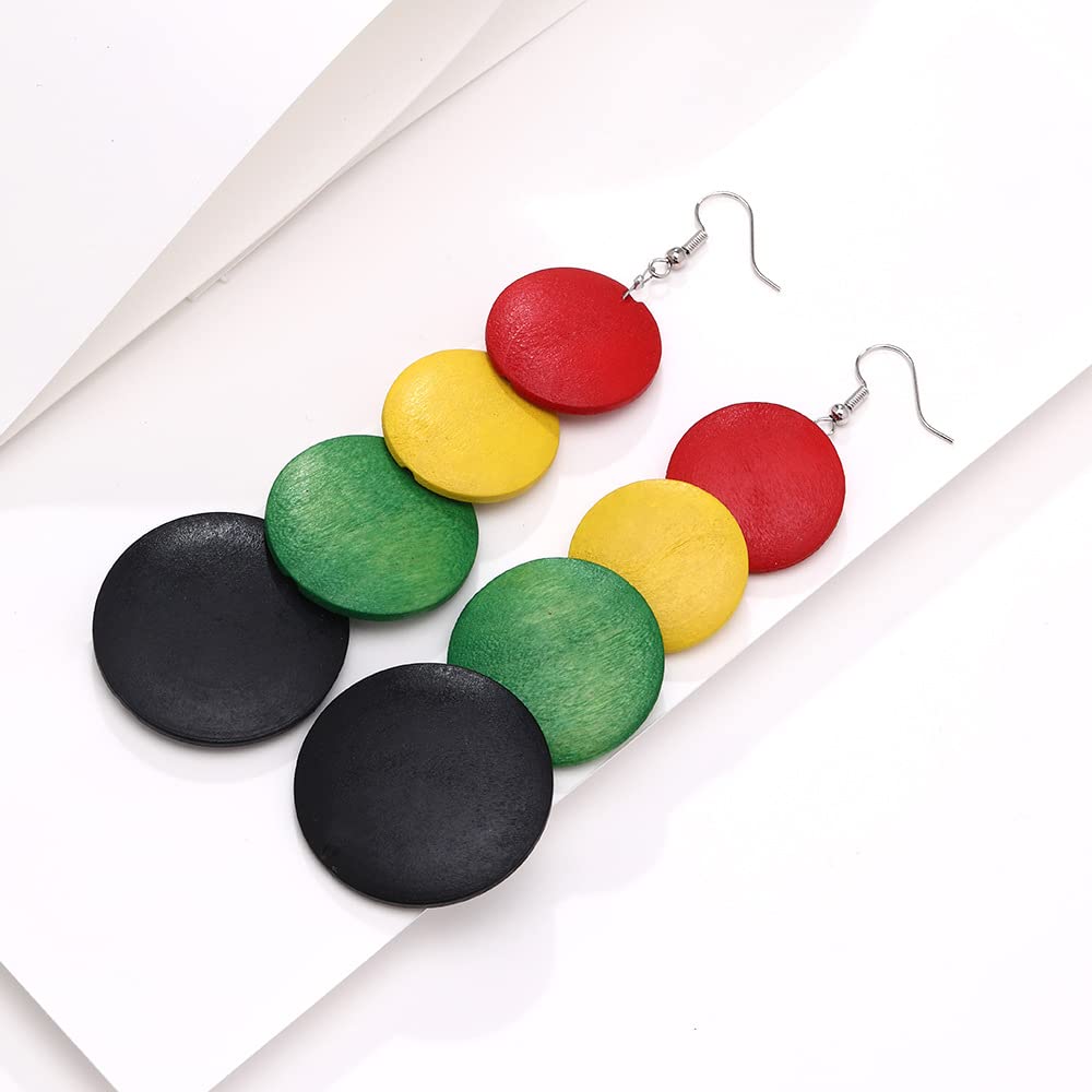 African Natural Wood Earrings Retro Bohemian Multilayer Round Geometric Dangling Eardrop Colorful Lightweight Wooden Map Leaf Triangle Drop Earring Ethnic Style Jewelry for Women (A 4 circles)