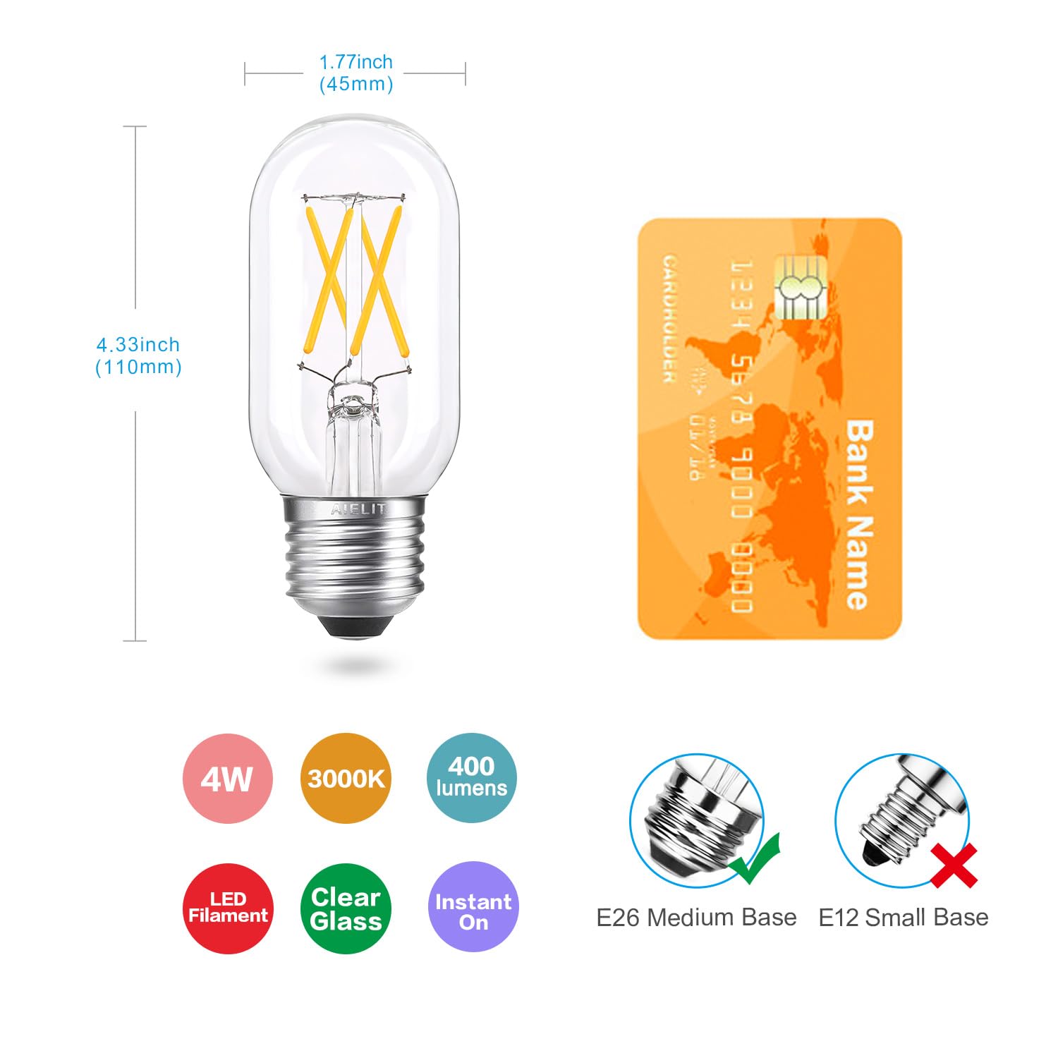 AIELIT 40 Watt Equivalent LED Bulb, E26 Base, Energy Efficient 4W, Soft Warm White 3000K Dimmable 400lm Tubular T14 T45 Edison LED Light Bulbs for Pendant Sputnik Vanity Chandeliers Ceiling, 4 Pack