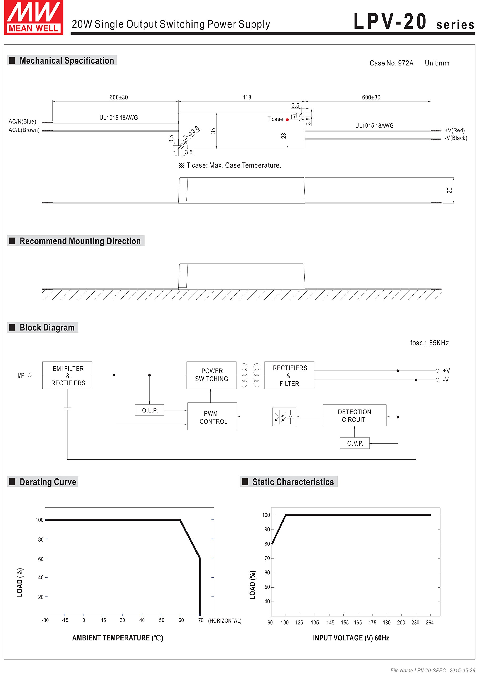 MW Mean Well LPV-20-12 12V 1.67A 20W Single Output LED Switching Power Supply