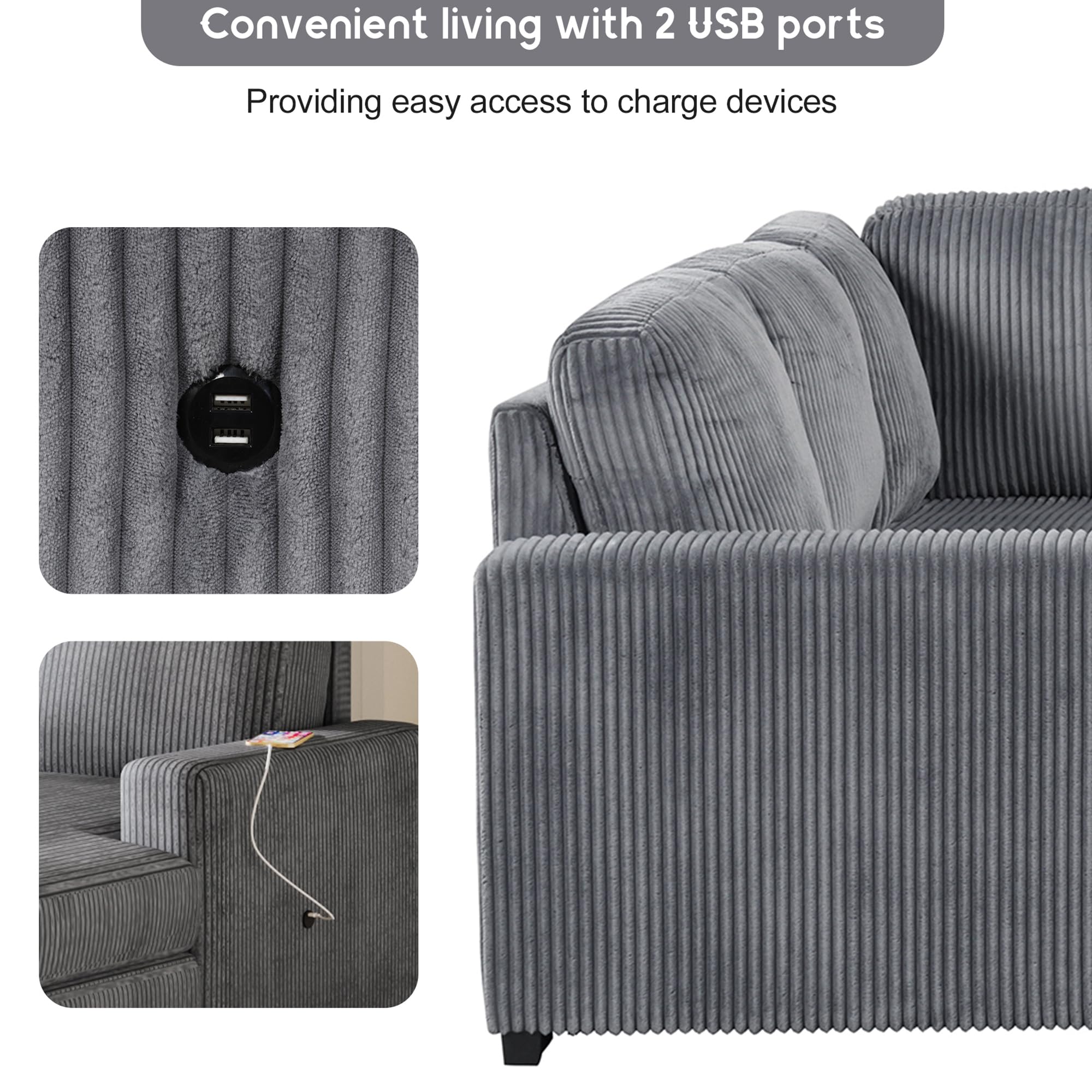 CALABASH U Shaped Sectional Sleeper Sofa, with Pull Out Bed, L-Shaped Corner Combo, with Ottoman, USB and Storage, Convertible Sectional Sofa Couch,Grey