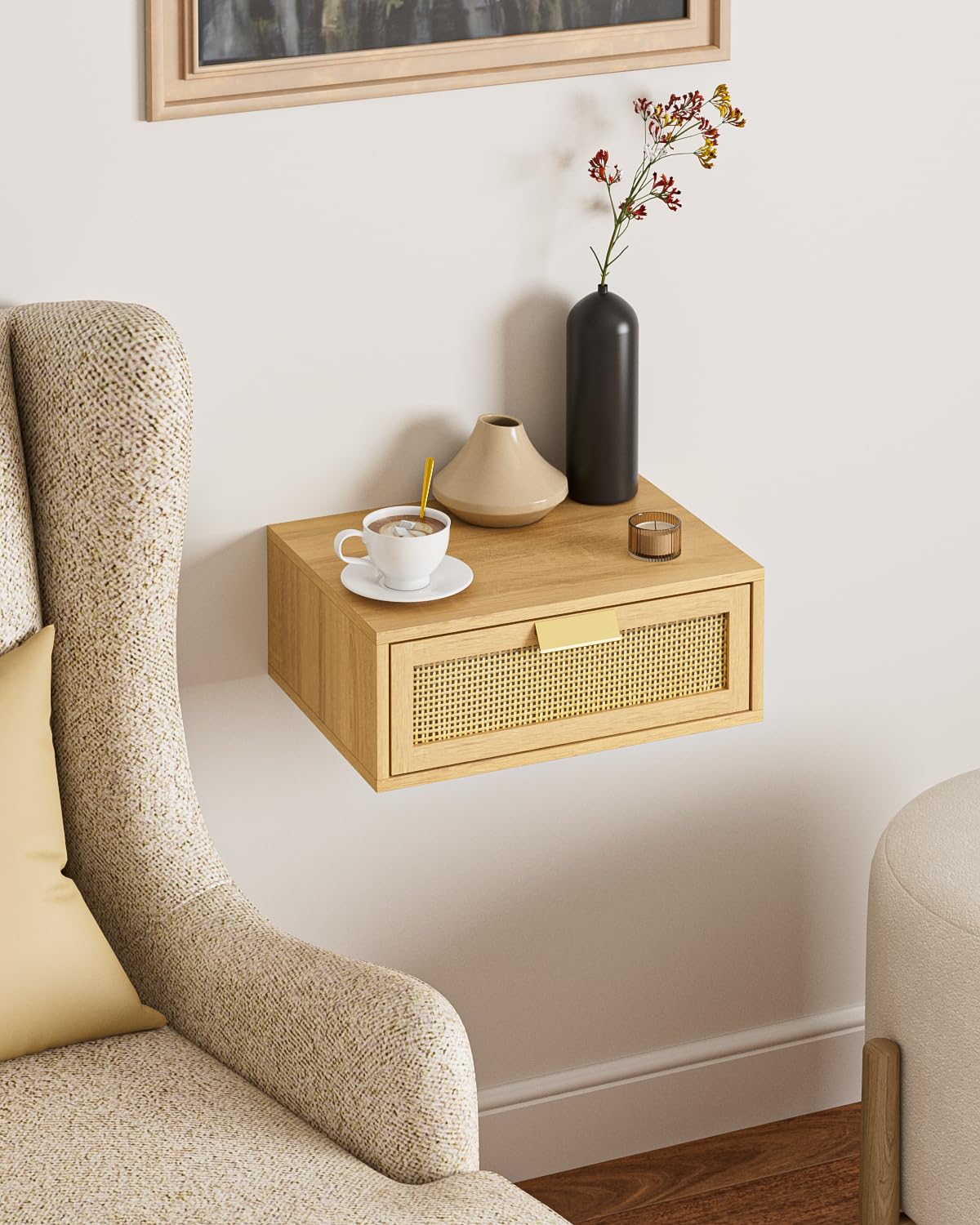 Aobafuir Floating Nightstand Shelf with Drawer, Small Modern Wall Mounted Nightstand, Shelves for Bedroom, Oak Rattan