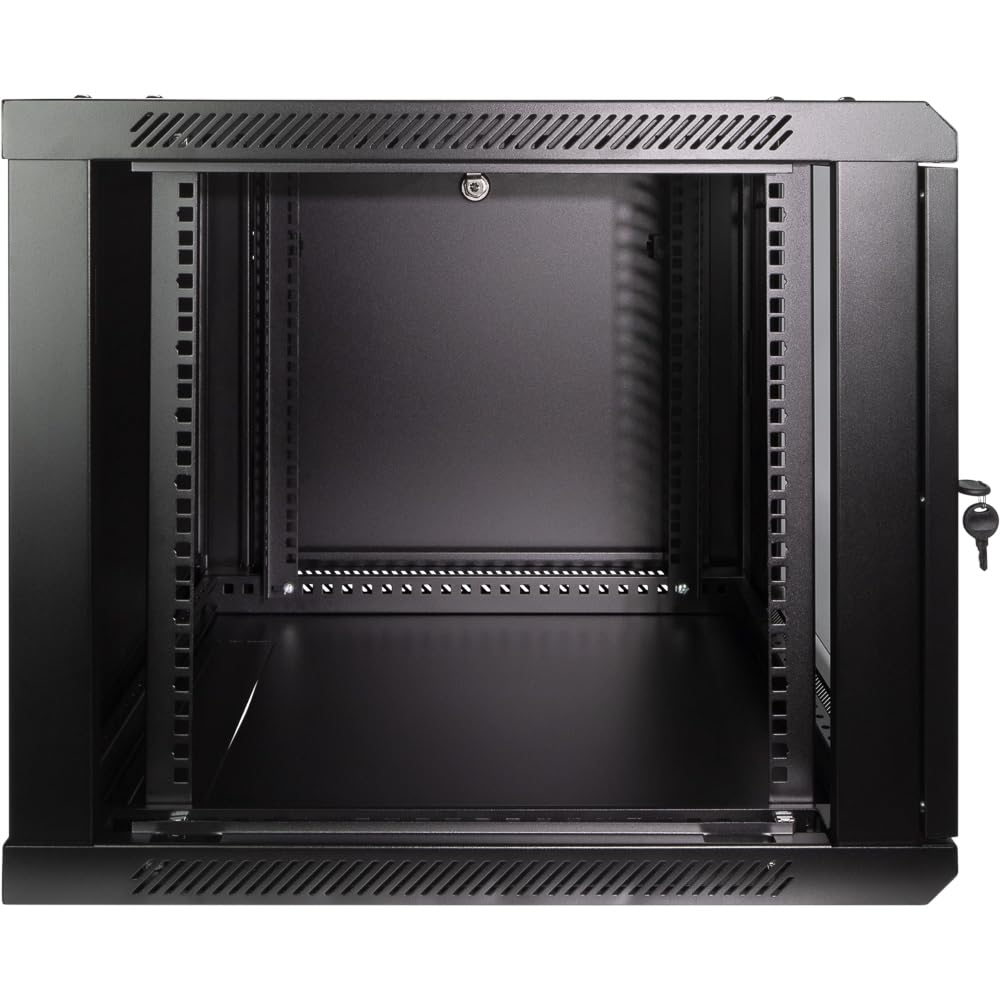 NavePoint 9U Server Rack Enclosure - 23.6β Deep, 9U Wall Mount Network Cabinet with Locking Glass Door for 19β IT Equipment, 9U Network Rack with 2 Fans, Removable Side Panels, Black