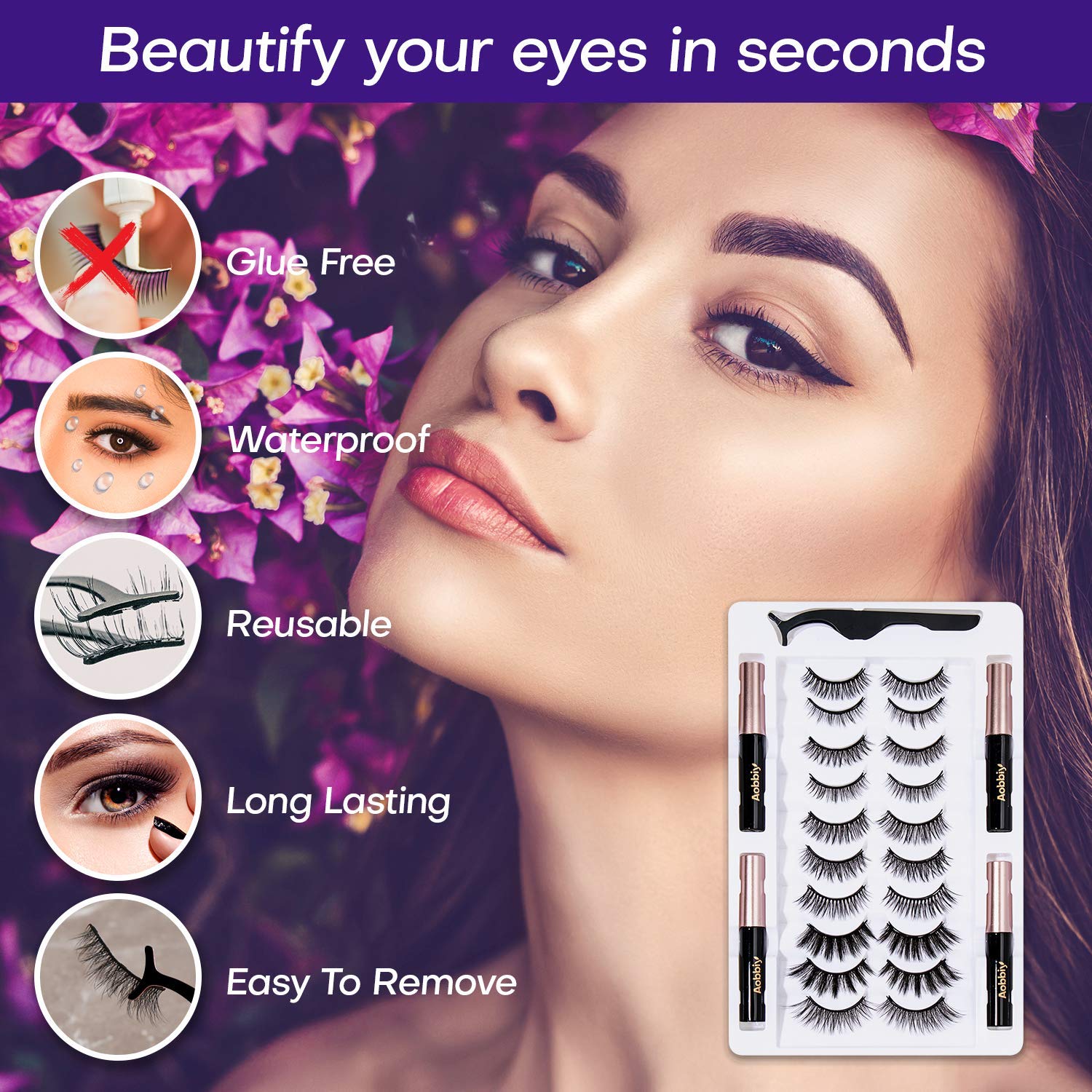 AOBBIY 10 Pair of Magnetic Eyelash, Plus 4 Tube of Eyeliners, Plus 1 Application Tool, Realistic and Soft Magnetic Eyelashes, Strong Hold and Easy to Apply, 25 Piece Set