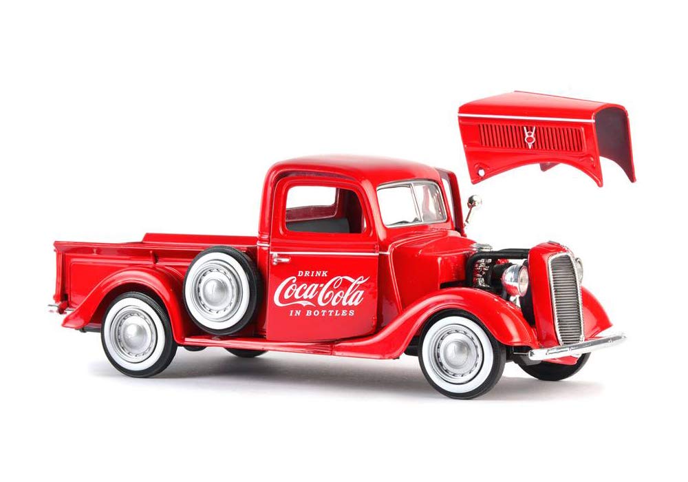 Coca-Cola 1937 Ford Pickup Truck, 6 Bottle Carton Accessories 1/24 Diecast Model Car Motorcity Classics, 7-inch Long, Red, Zinc