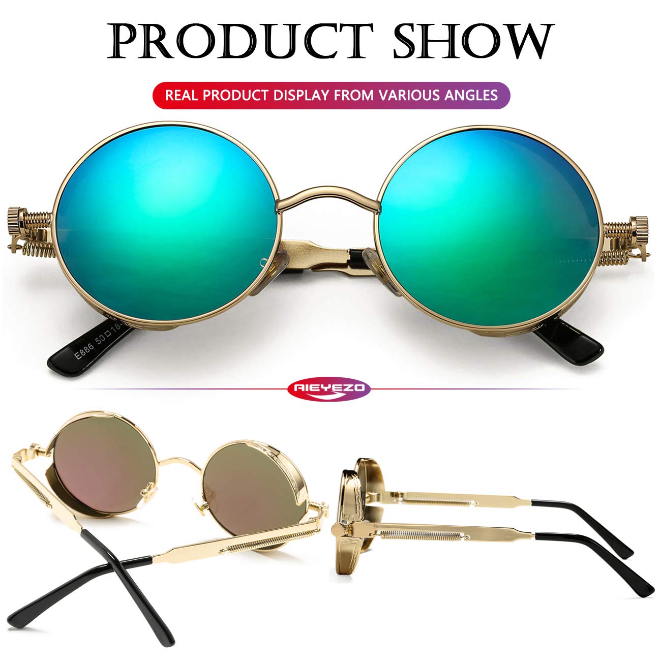 AIEYEZO Round Steampunk Sunglasses for Men Women Gothic Glasses Vintage Circle Metal Frame 100% UV Blocking Lens (Gold/Green Mirrored)