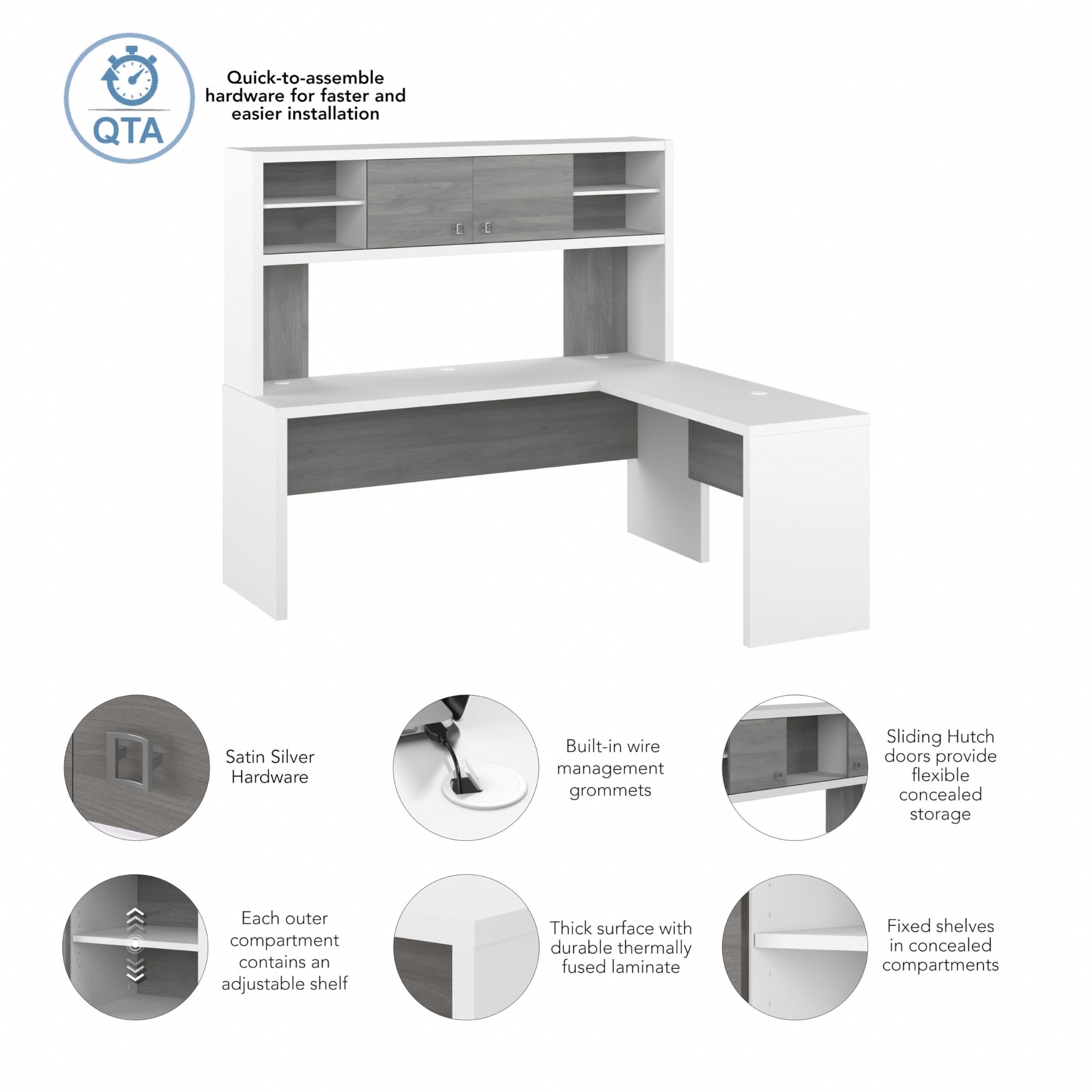 Bush Business Furniture Echo L Shaped Computer Desk with Hutch, 72W, Pure White and Shiplap Gray