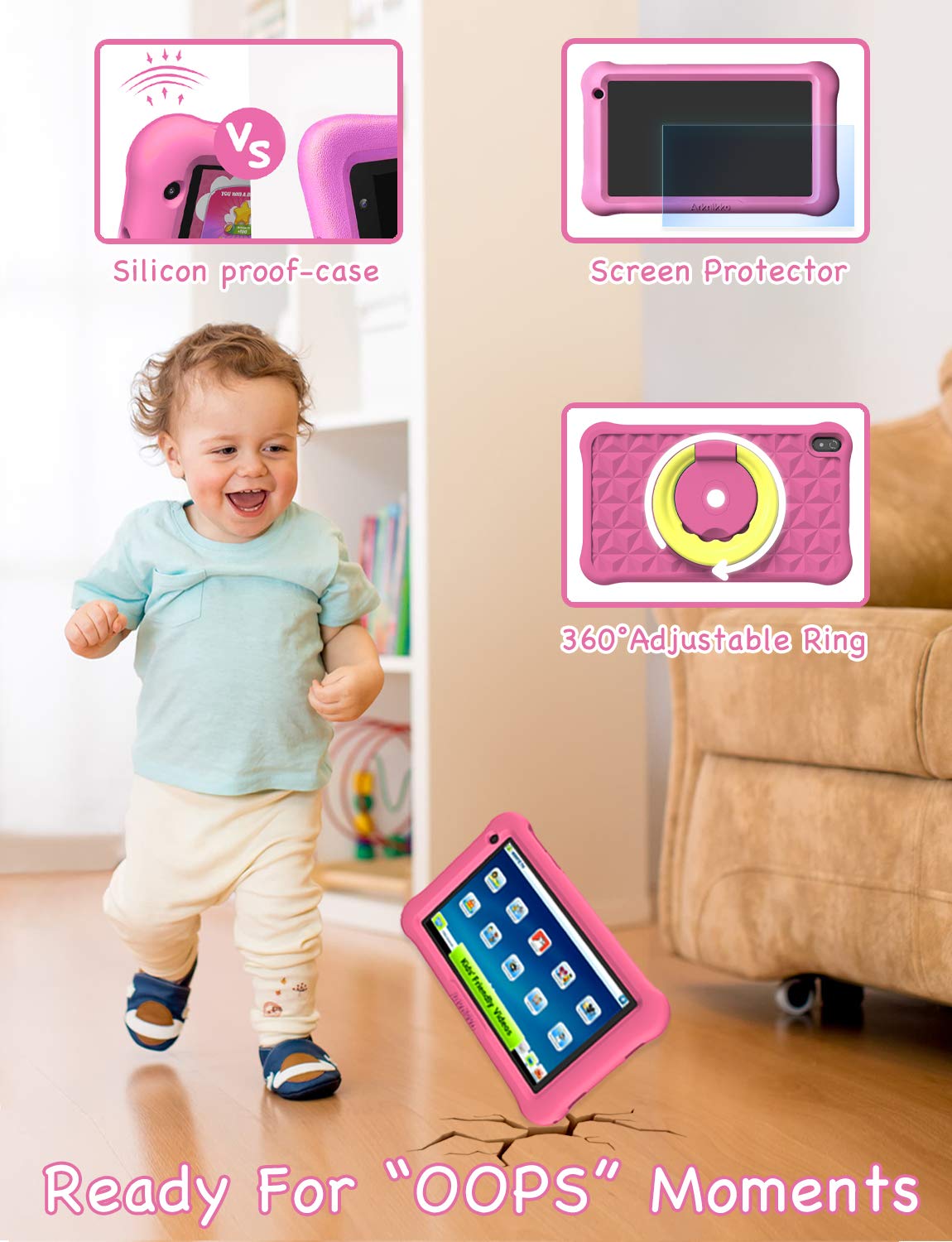 ARKNIKKO Kids Tablet,Tablet for Kids 7” HD - WiFi Dual Camera 32GB ROM Android 10, IPS HD Touch Screen, KIDOZ Pre-Installed, Parental Control Mode, 360°Adjustable Bracket, Kid-Proof Case
