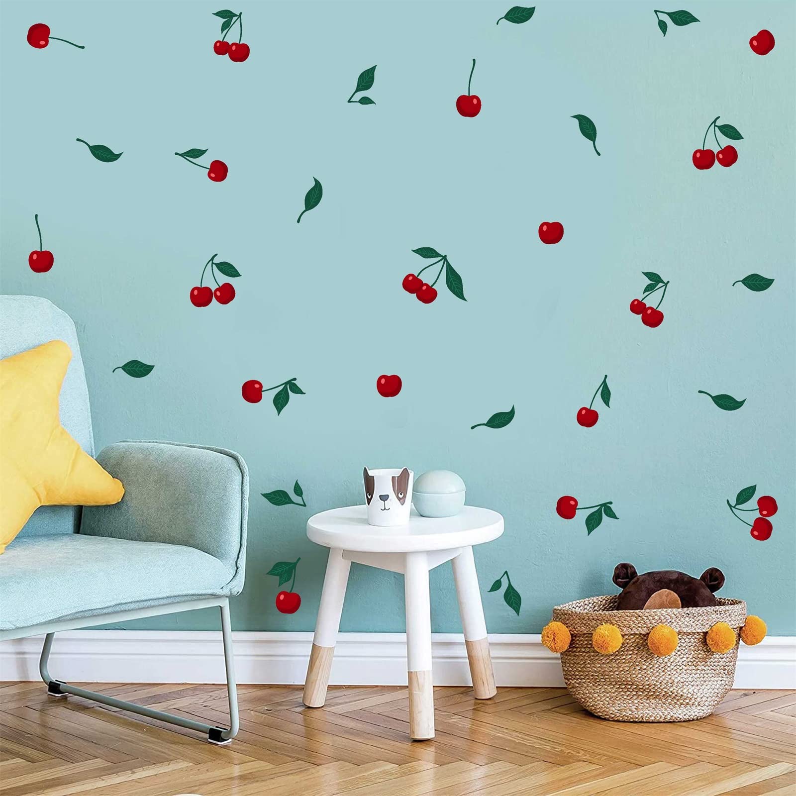 Cherry Wall Decal Fruit Wall Decals Peel and Stick Kitchen Wall Decals Cherries Green Leaf Wall Stickers Cherry Fruit Wall Stickers for Living Room Bedroom Nursery Decor