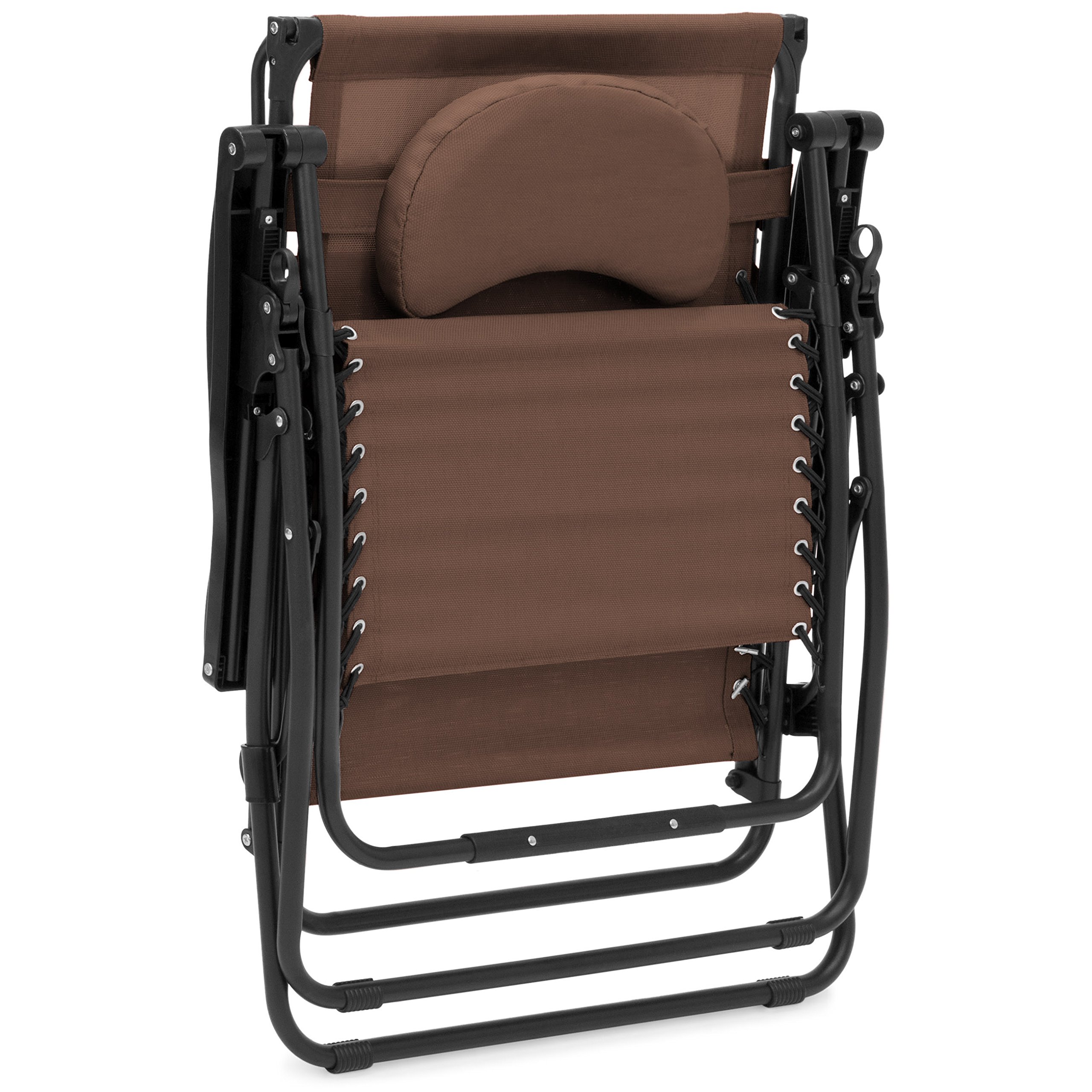 Best Choice Products Oversized Steel Mesh Zero Gravity Reclining Lounge Patio Chair w/Folding Canopy Shade and Cup Holder, Brown