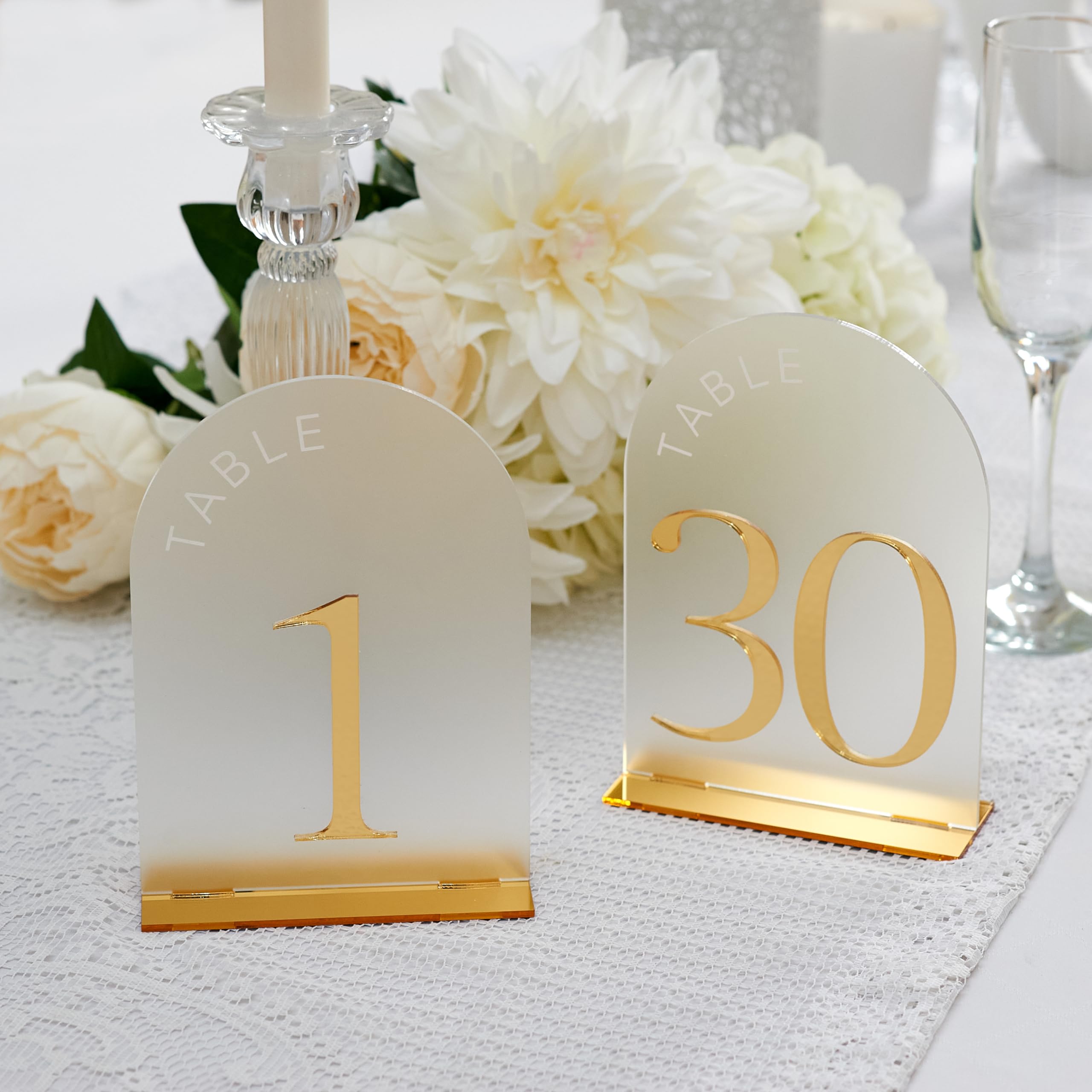 FIQSTER Frosted Arch Gold Table Numbers for Wedding Reception - Table numbers 1-30 - 5x7" Frosted Arch Acrylic Table Signs with Gold Mirror Numbers for Banquet, Party, Event, Anniversary (Table Numbers 1-30)