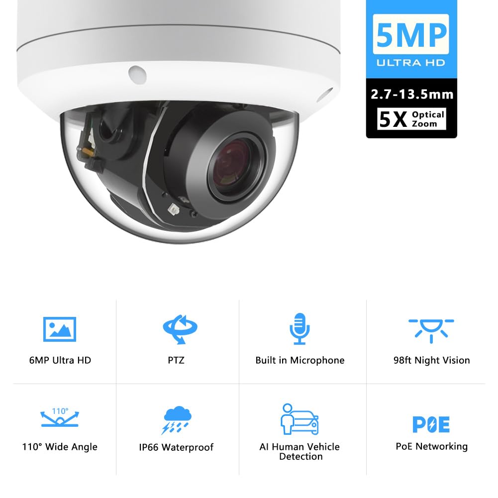 Inwerang Security 5.0MP H.265 POE IP PTZ Camera, 5X 2.7-13.5mm AF Lens, IP66 Waterproof Outdoor/Indoor Vandalproof Network Dome Camera, Audio in, 98ft Night Vision
