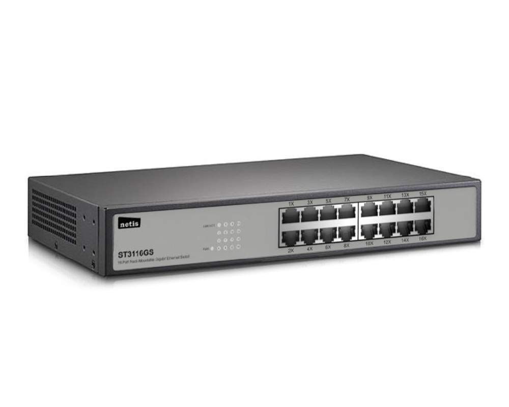 Netis ST3116GS 16 Port Unmanaged 10/100/1000M Gigabit Ethernet Switch with Sturdy Metal Desktop Size | Expandable to Standard 19 inch Rack Mount with Included Mounting Bracket, Gigabit 1000Mbps