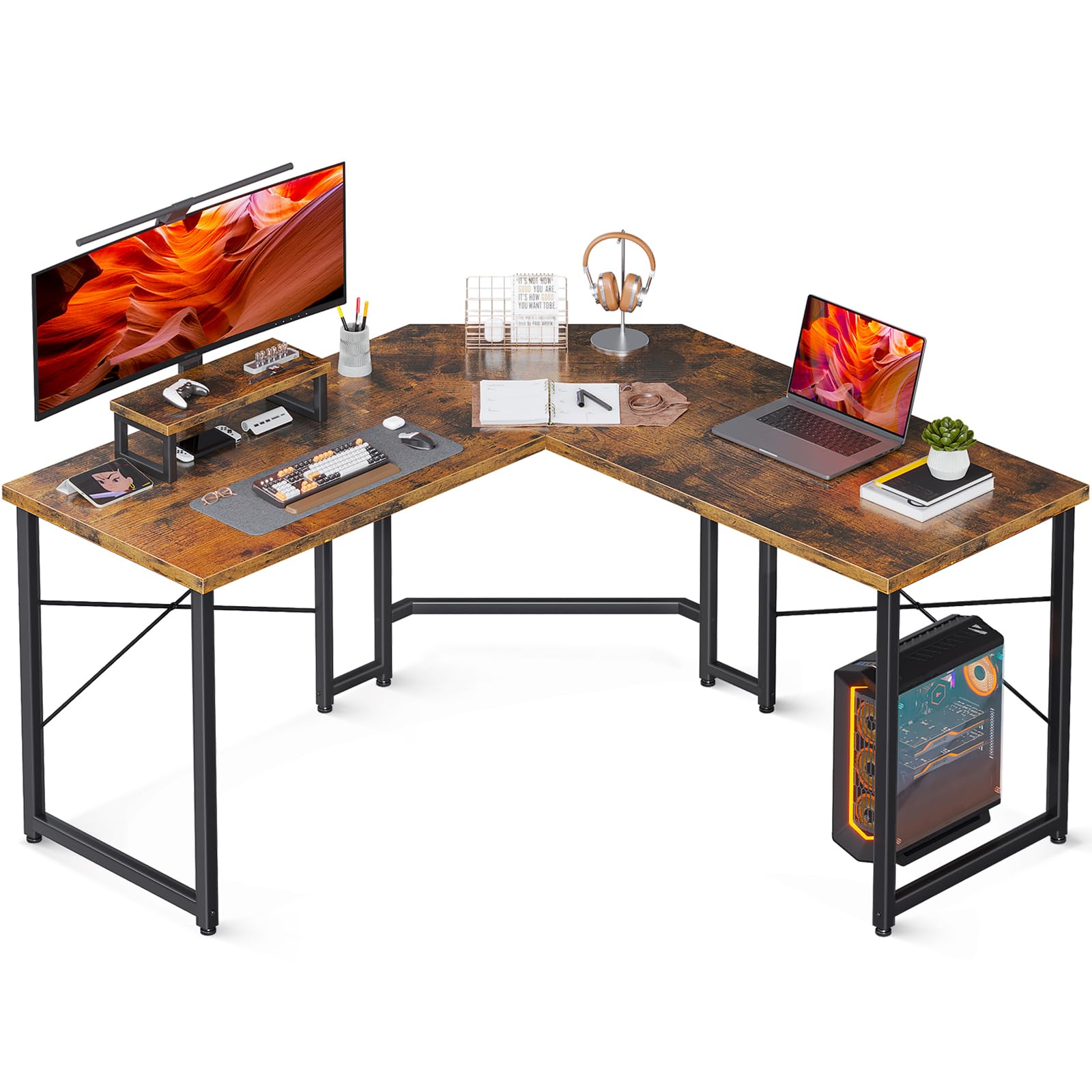 AODK L Shaped Gaming Desk, Computer Corner Desk, PC Gaming Desk Table with Large Monitor Riser Stand for Home Office Sturdy Writing Workstation,51 * 19 inch,Vintage