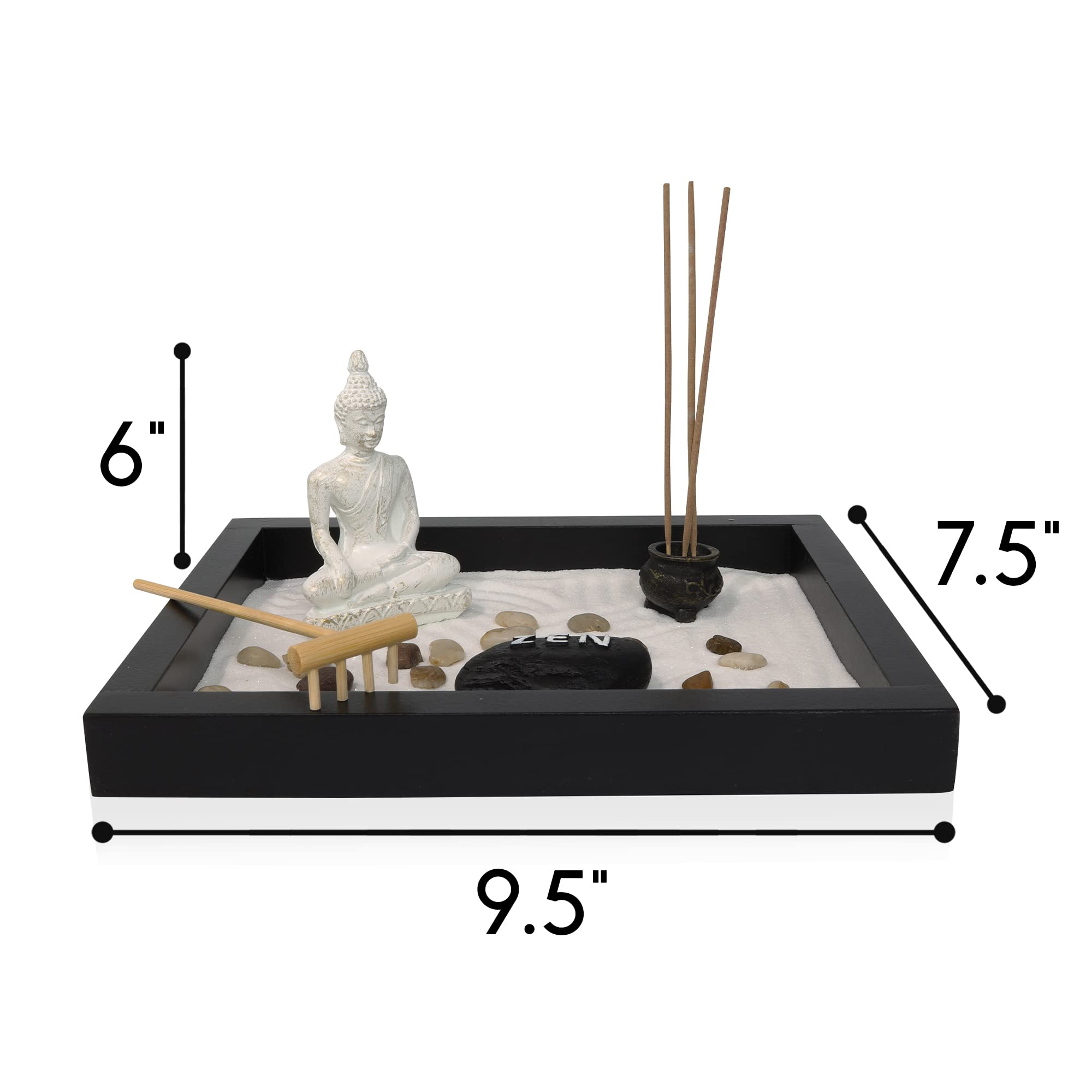 Japanese Mini Zen Garden Sand Box Kit with Incense Holder and White Miniature Buddha Statue - Zen Decor for Relaxation and Meditation - Home Decor, Office Accessory, Gift Set