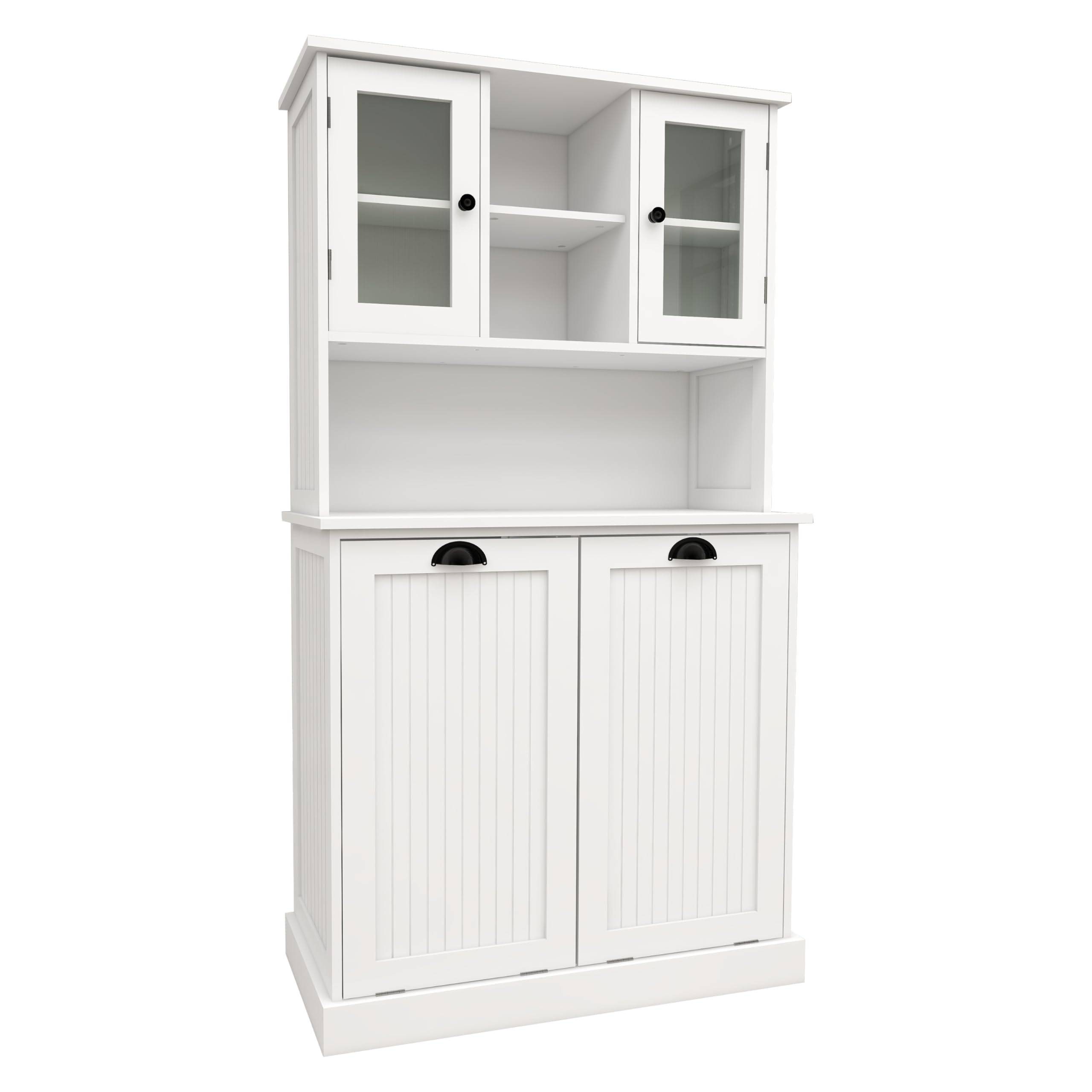 OQSC Tall Tilt-Out Double Doors Laundry Cabinet Hamper, Large Pull Out Laundry Room Storage Cabinets, Bathroom Cabinet with Hidden Laundry Hamper & Glass Doors, White,13 * 2 Gallons