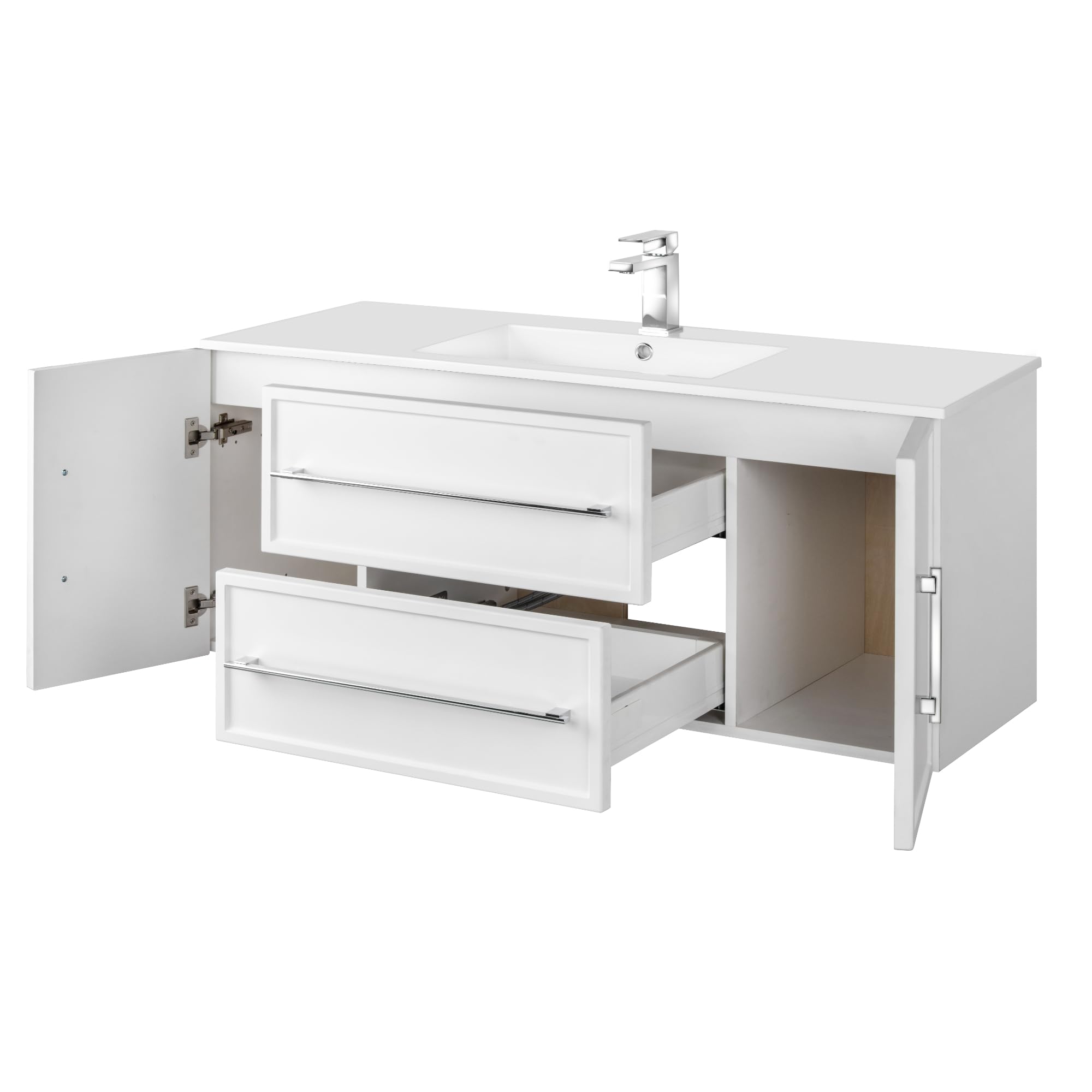 Cutler Kitchen and Bath Milano 48 inch Wall Mounted Bathroom Vanity with Sink, Cultured Marble Top - Bathroom Sink Vanity with Multiple Soft Close Storage Drawers, White