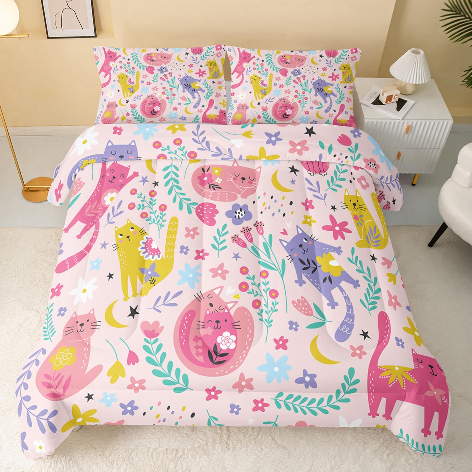 QOOMO Floral Cat Comforter Twin Size,Pink Cat Comforter Set for Kids Teens Girls,3Pcs Bedding Set Printed Comforter with 2 Pillowcases,Down Alternative,Soft and Lightweight(Pink,Twin Size)