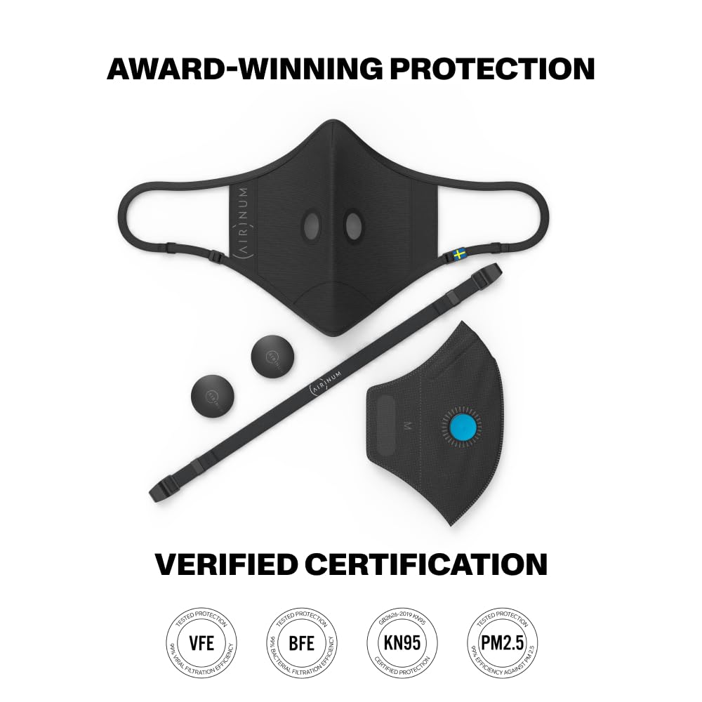 Airinum Urban Air Mask 2.0 | Adjustable Reusable Face Mask | KN95 Certified | Onyx Black | Medium
