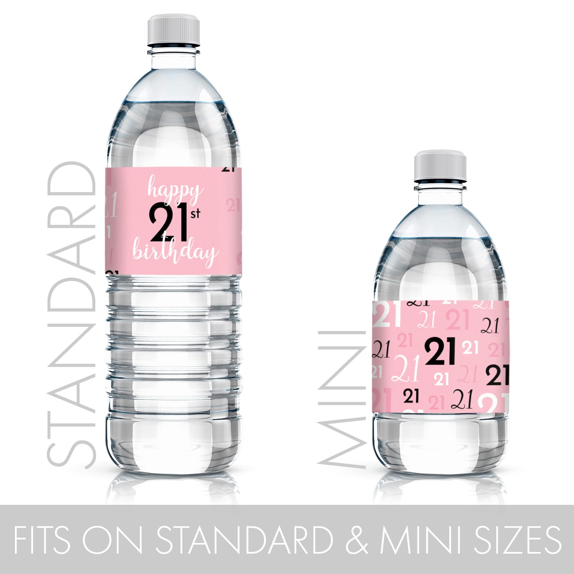 Pink, Black, and White 21st Birthday Party Water Bottle Labels - 24 Waterproof Wrappers - Chic Birthday Party Supplies