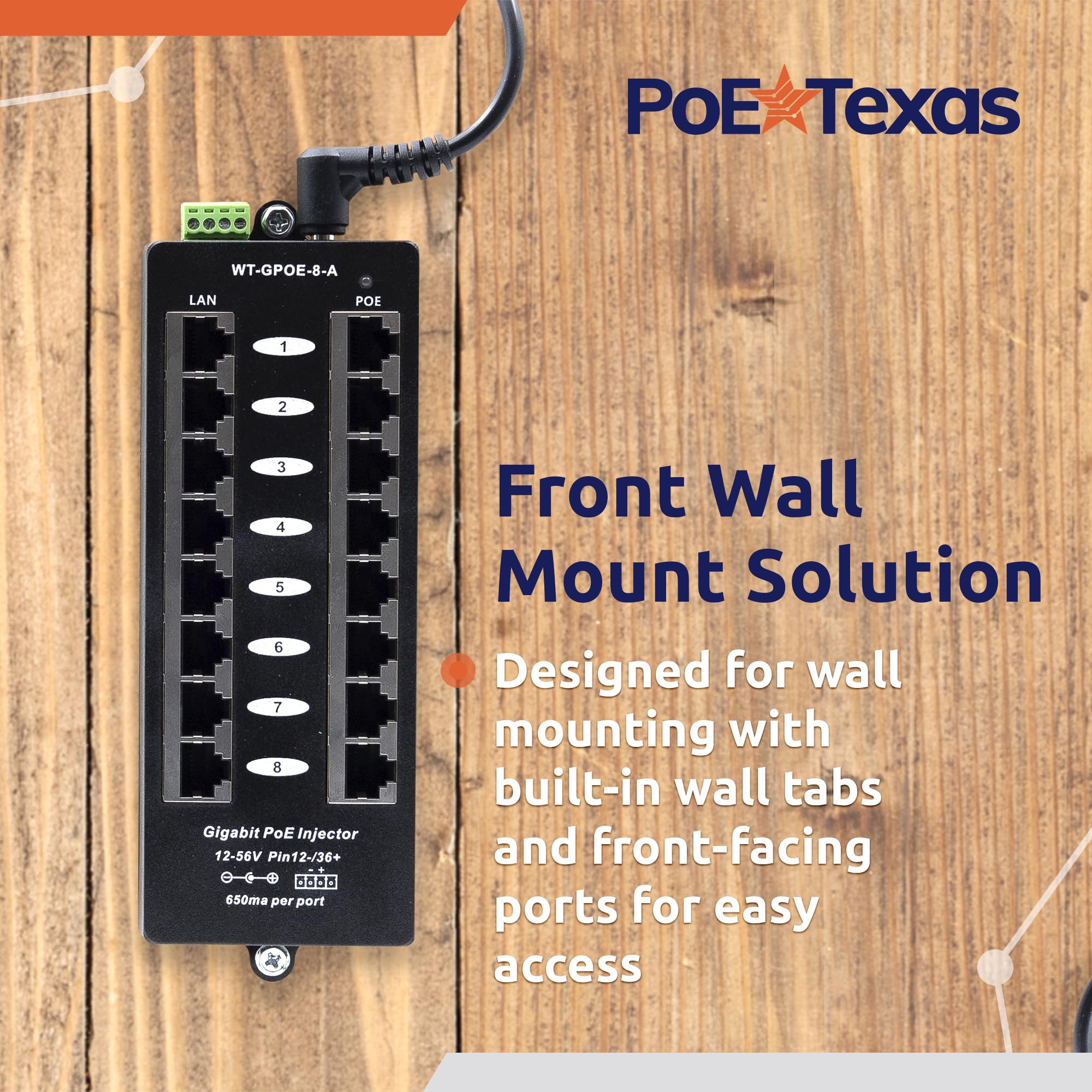 PoE Texas 8 Port PoE Injector - Gigabit Passive Power Over Ethernet Midspan - Front Wall Mount Solution for Security Cameras, IP Phones, WiFi APs - Add PoE to Non-PoE Switch (Without Power Supply)