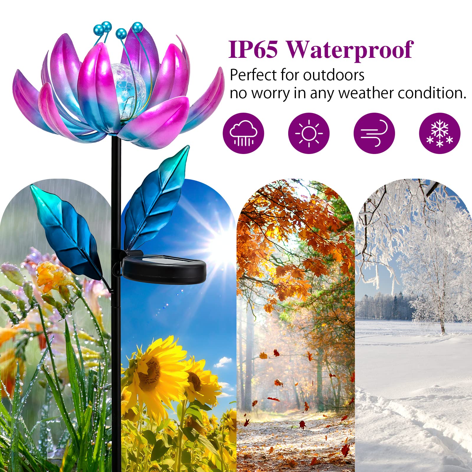 AIINY Solar Purple Metal Flower Wind Spinners, Colorful Spinning Windmill Lotus Yard Art Lights Wind Pinwheels with LED Crystal Ball Decorative Stake Lighting Flower Sculpture