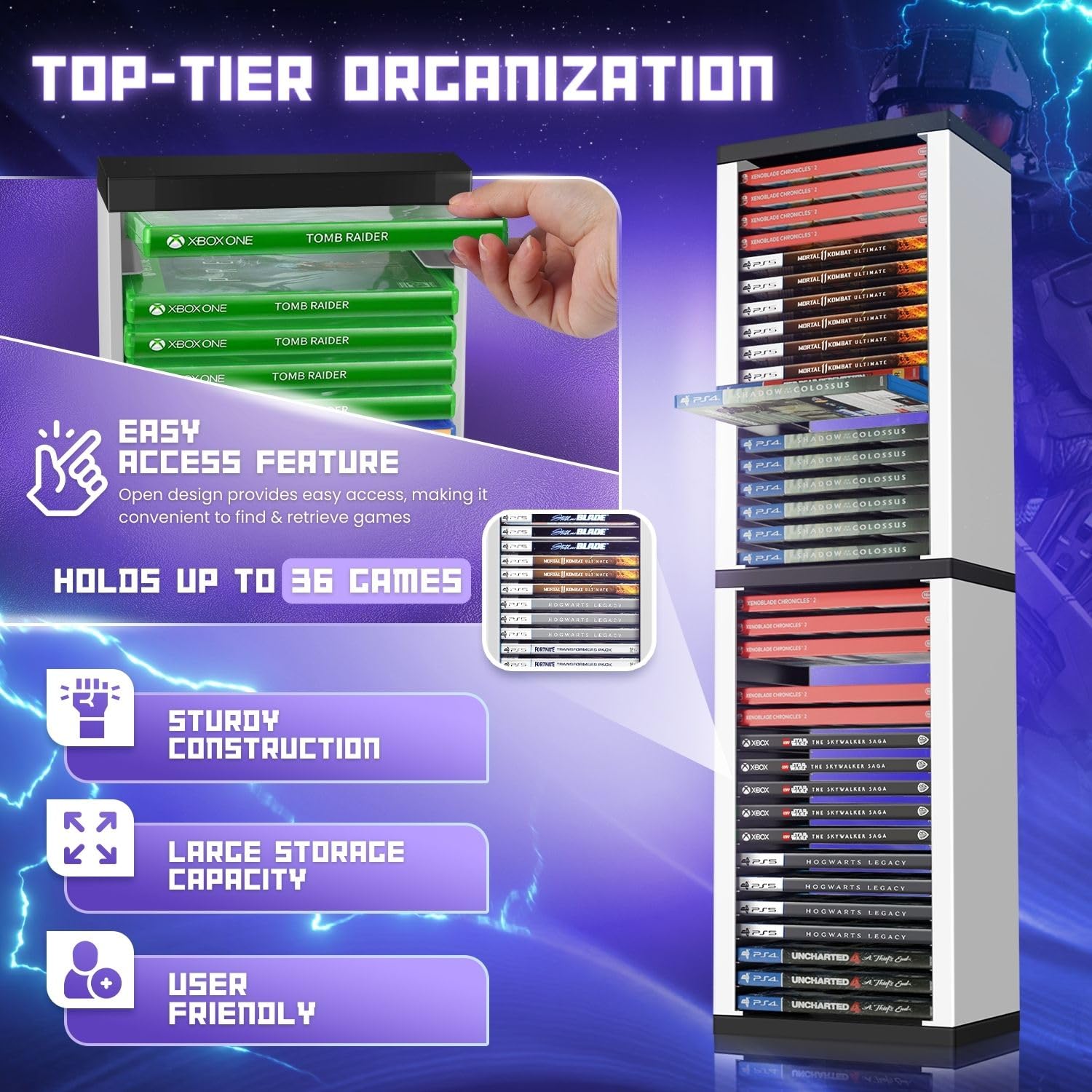 TNP Universal Video Game Storage Tower for PS5, PS4, PS3, Nintendo Switch, Xbox One, Xbox Series S/X - White Video Game Holder Organizer Stand with 36 CD Case Storage for Organizing & Displaying