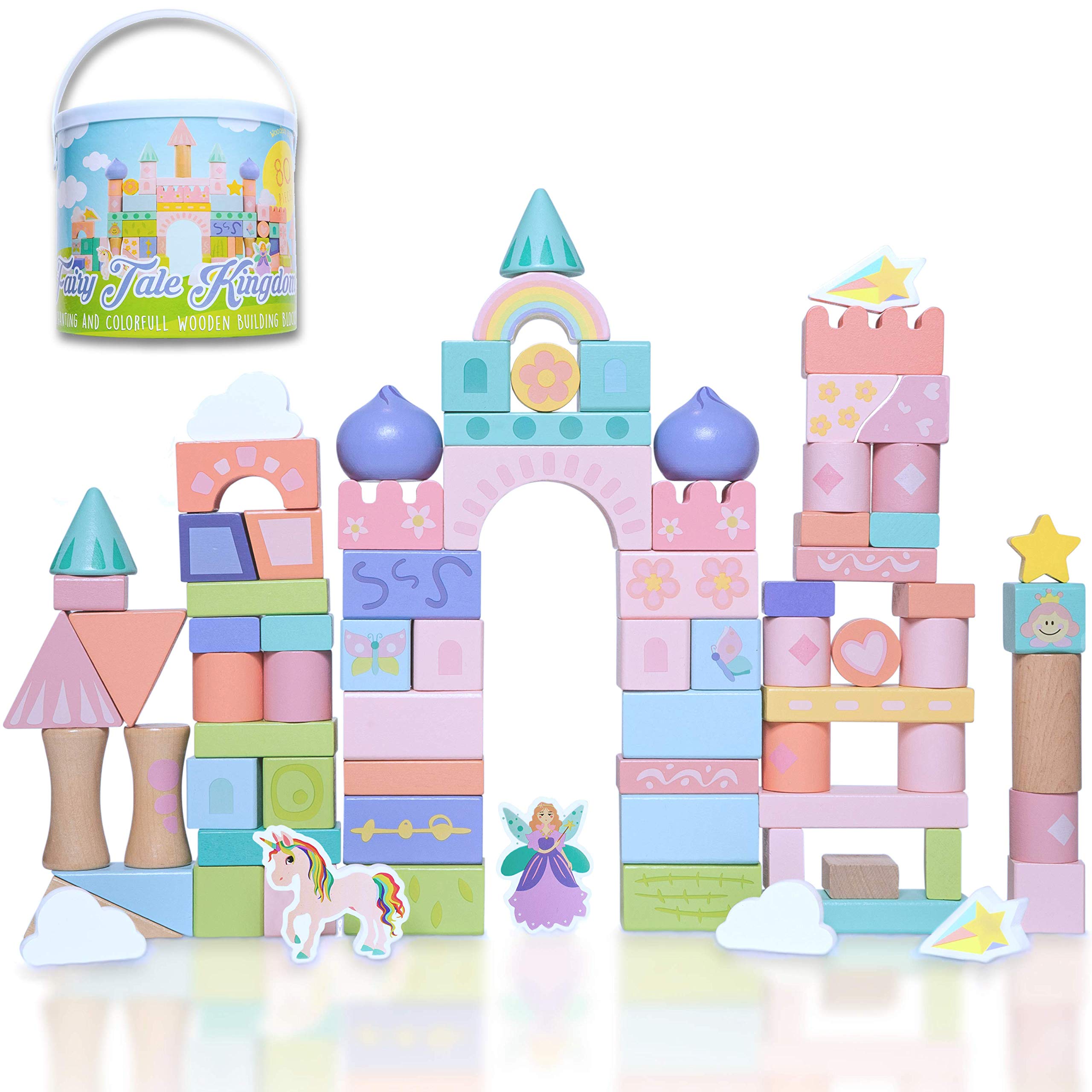 Cheetoys Large Wooden Blocks Set 80pcs - Girls Fairytale Kingdom Castle with Unicorn and Fairy, Colored Wooden Building Blocks for Kids and Toddlers Montessori Toys for Ages 3-8