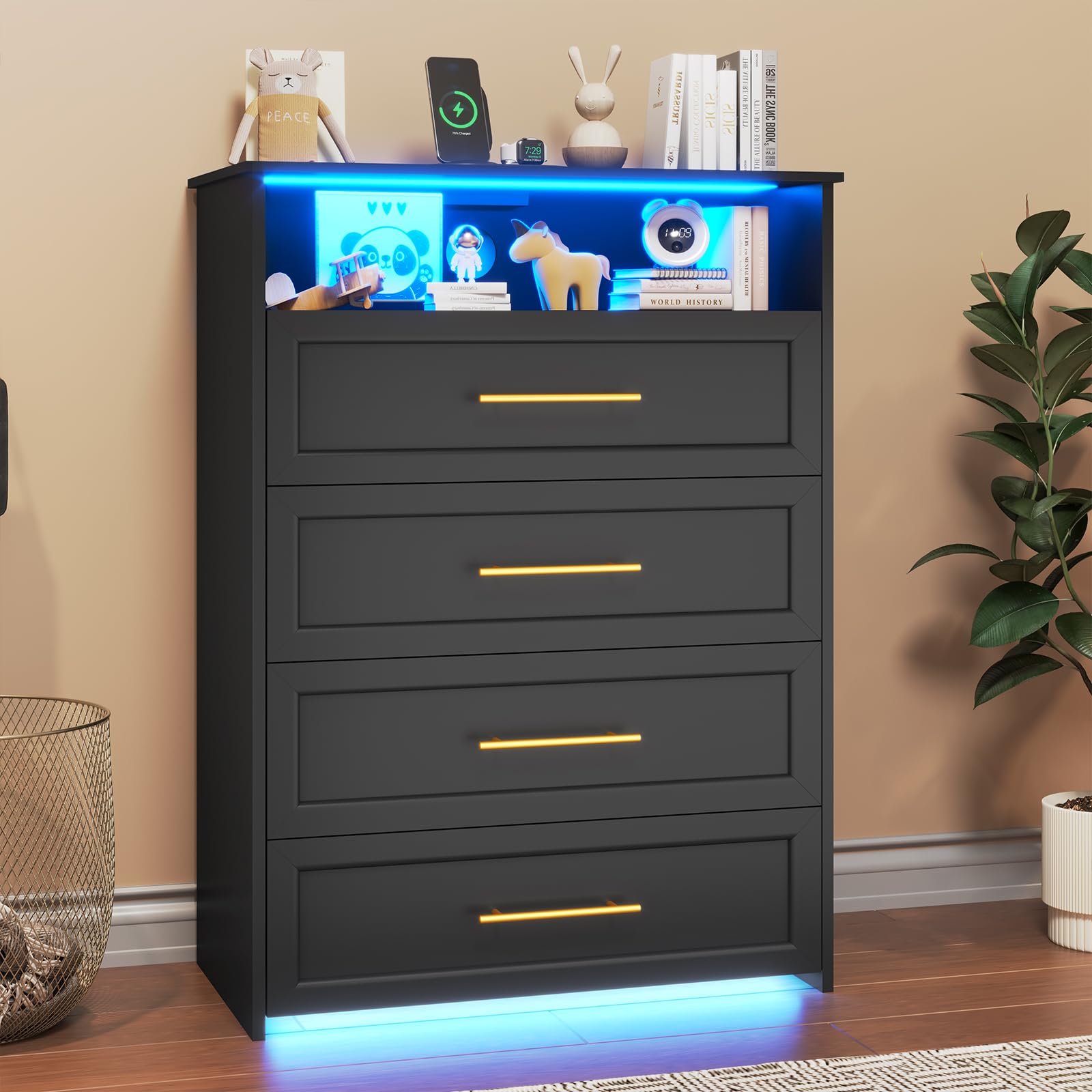 AOGLLATI Black Dresser for Bedroom with Charging Station, Chest of Drawer with Dual Led Light,4 Drawer Dresser, Modern Bedroom Led Wood Wide Dresser for Bedroom