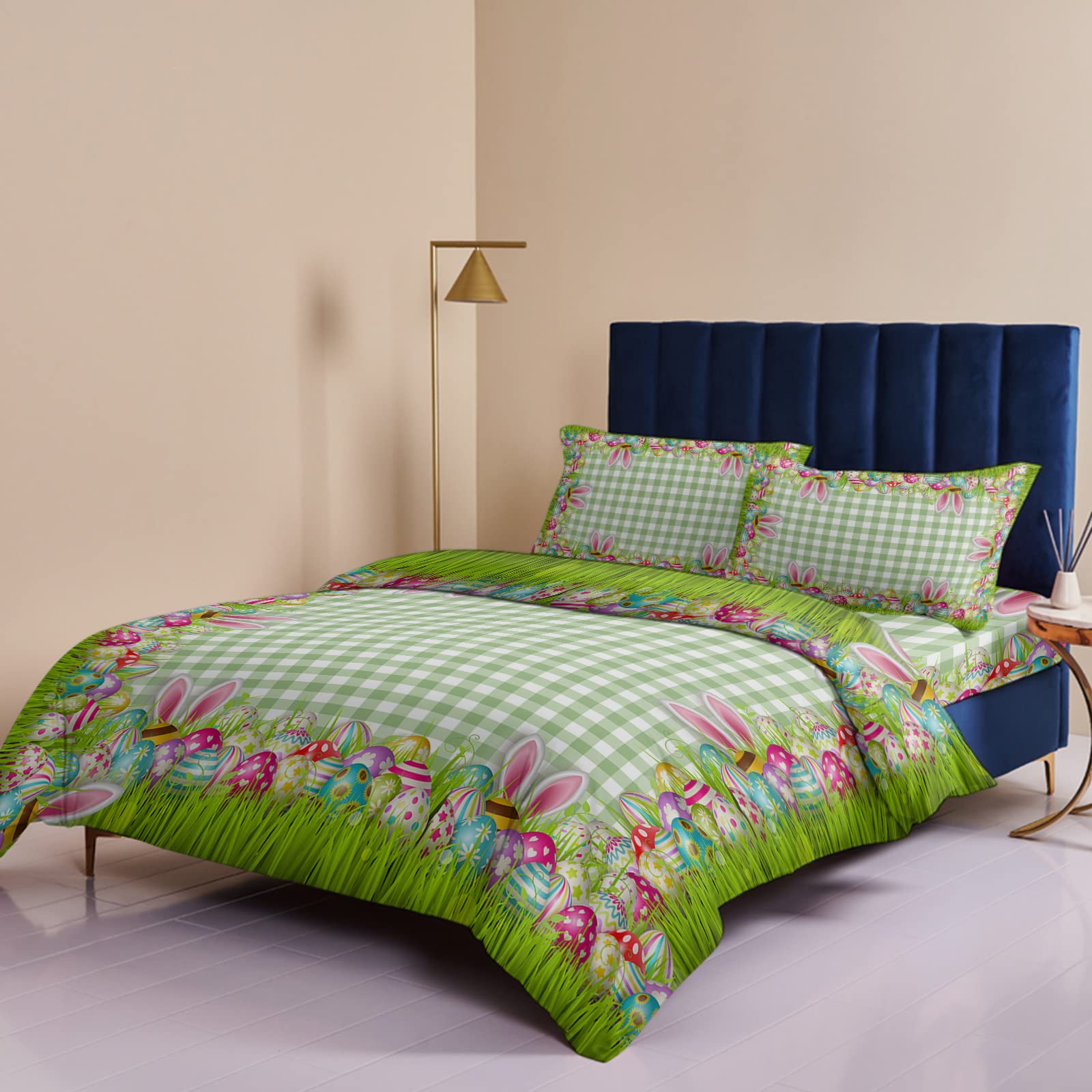 California King 4 Piece Bedding Set Spring Green Grassland Lattice Bunny Ear Easter Egg,Soft Breathable Duvet Cover and Pillowcase,Pastoral Rabbit Plant Washable Bed Sheets for Dormitory Guest Room