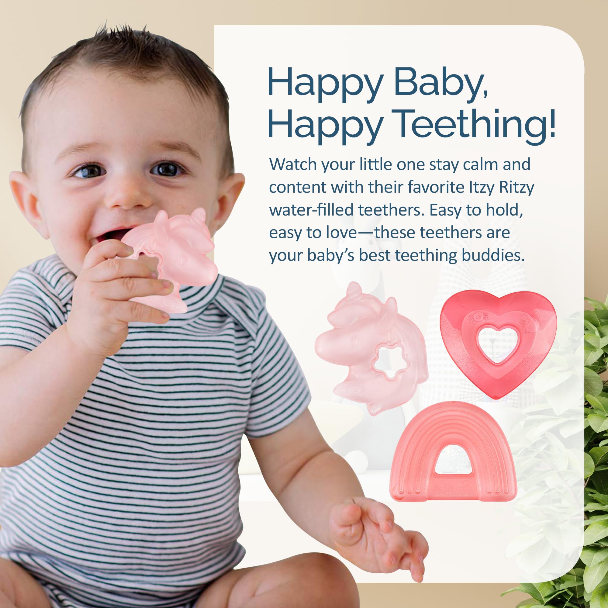 Itzy Ritzy Water-Filled Teethers - Cold Cutie Coolers Textured On Both Sides to Massage Sore Gums & Emerging Teeth - Can Be Chilled in Refrigerator, Set of 3 Coordinating Pink Unicorn Water Teethers