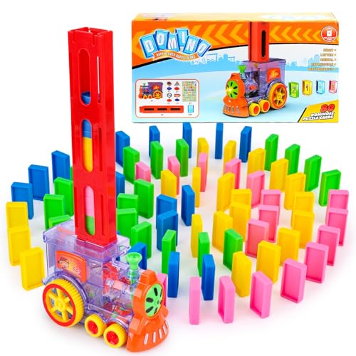 MCPINKY Domino Train Set for Boys 4-6,Toddler Toys Domino Rally Train Building and Stacker with 2PCS Domino Sleeve for Christmas Birthday Gifts Boys,Girls Age 3-8
