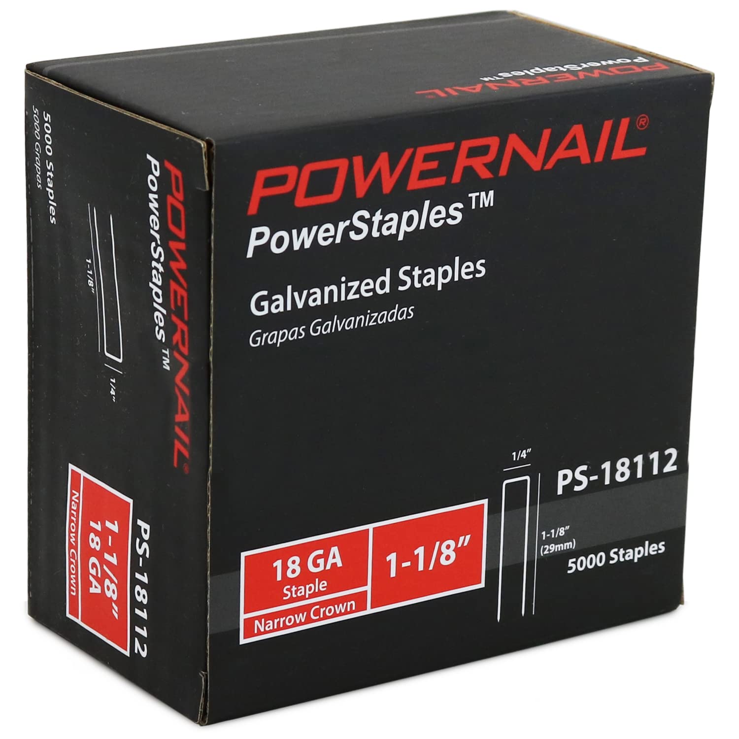 Powernail PS18112 18 Gauge 1/4 Inch Crown 1-1/8 Inch Length Chisel Point Narrow Crown Staples (Case, 30000ct)