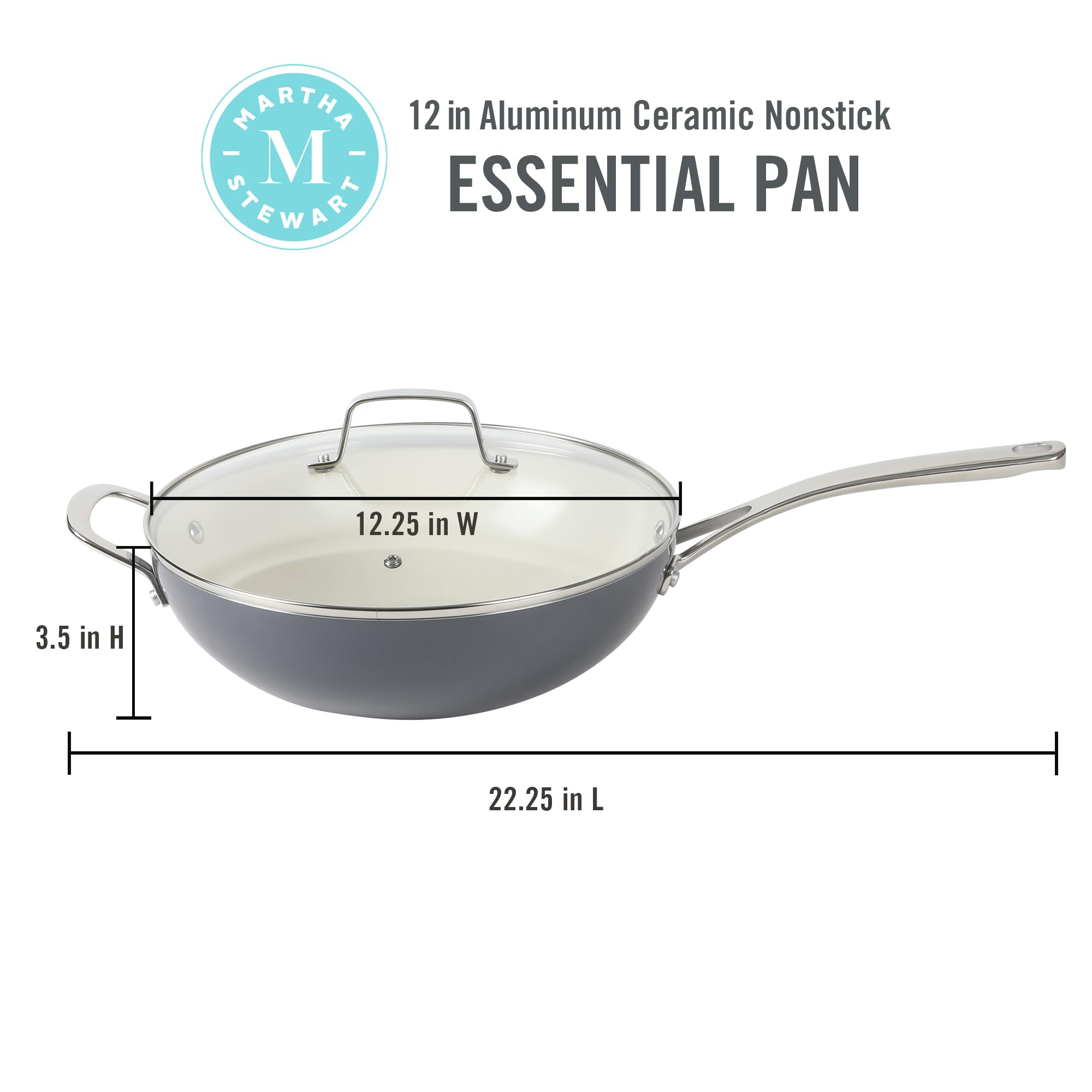Martha Stewart Lockton 12" Essential Multipurpose Heavy Gauge Aluminum Frypan/Wok Pan w/PFA Free Premium Ceramic Nonstick Interior- Grey