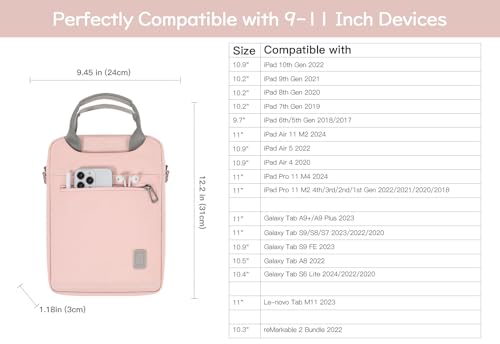 Dadanism 9-11" Tablet Sleeve Carrying Bag with Shoulder Strap for iPad 10th Gen 10.9, iPad 9/8/7th Gen 10.2, iPad Air 11", iPad Pro 11 M4 M2 2024, iPad Air5/4 10.9, Galaxy Tab A9+ Plus 11"/S9 FE, Pink