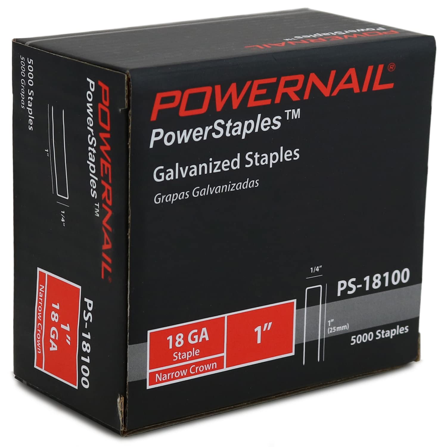 Powernail PS18100 18 Gauge 1/4 Inch Crown 1 Inch Length Chisel Point Narrow Crown Staples (Case, 50000ct)