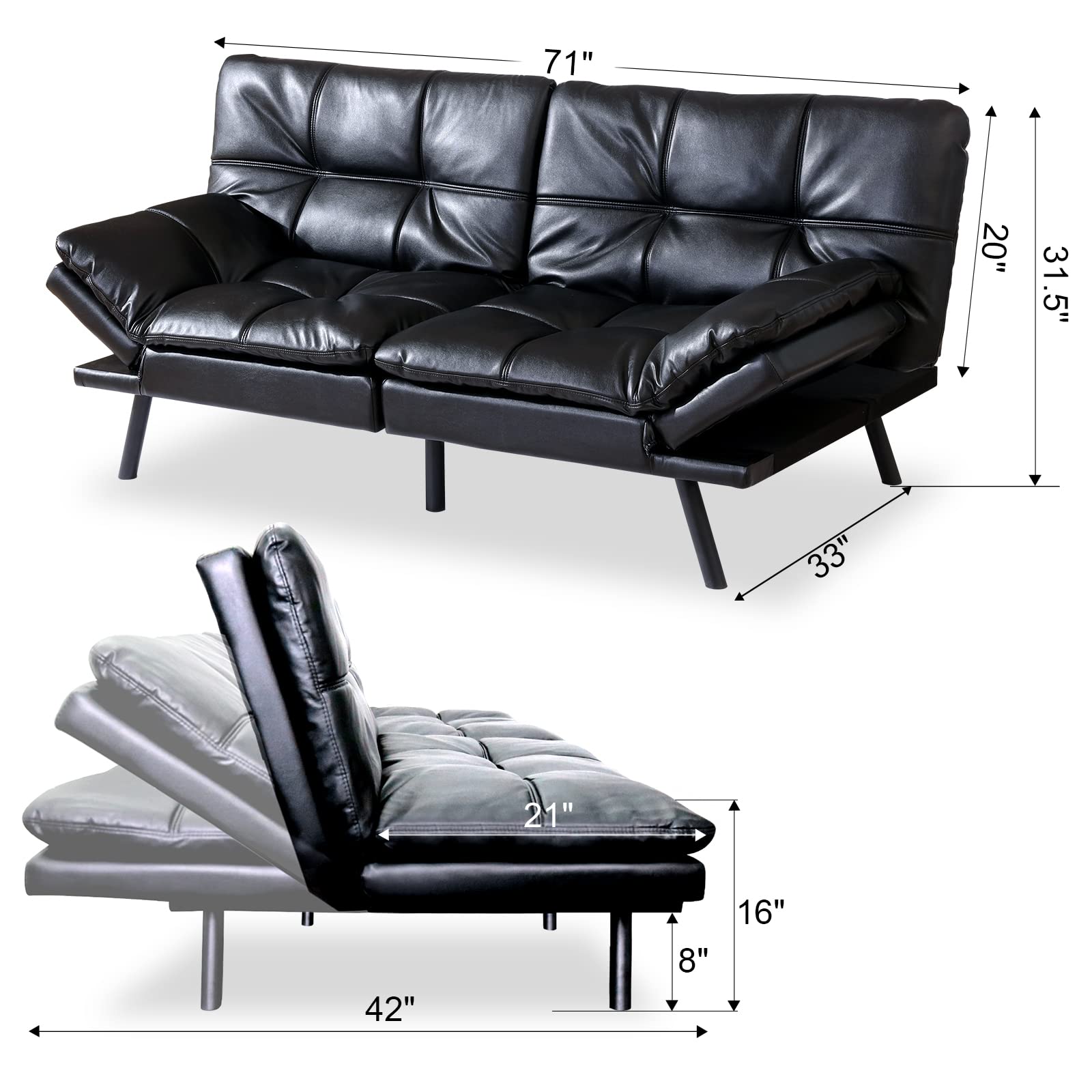 Maxspeed Futon Sofa Bed,Sleeper Memory Foam Sofa Bed Couch,Futon Convertible Sofa Bed Small Couch,Sofa Couch for Living Room Apartment Office.(Black)