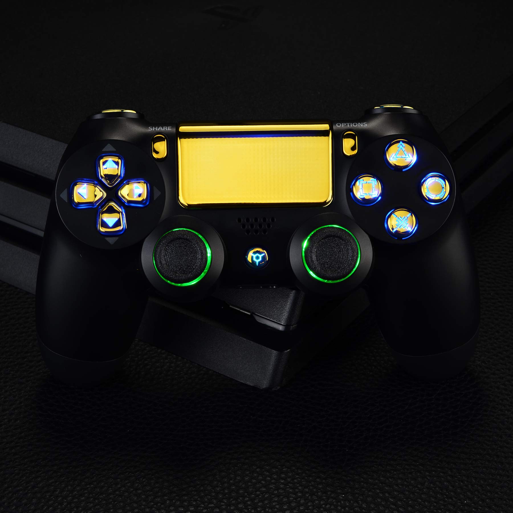eXtremeRate 7 Colors 9 Modes Button Control DTFS (DTF 2.0) LED Kit, Chrome Gold Classical Symbols Multi-Colors Luminated D-pad Thumbsticks Face Buttons for PS4 Controller - Controller NOT Included