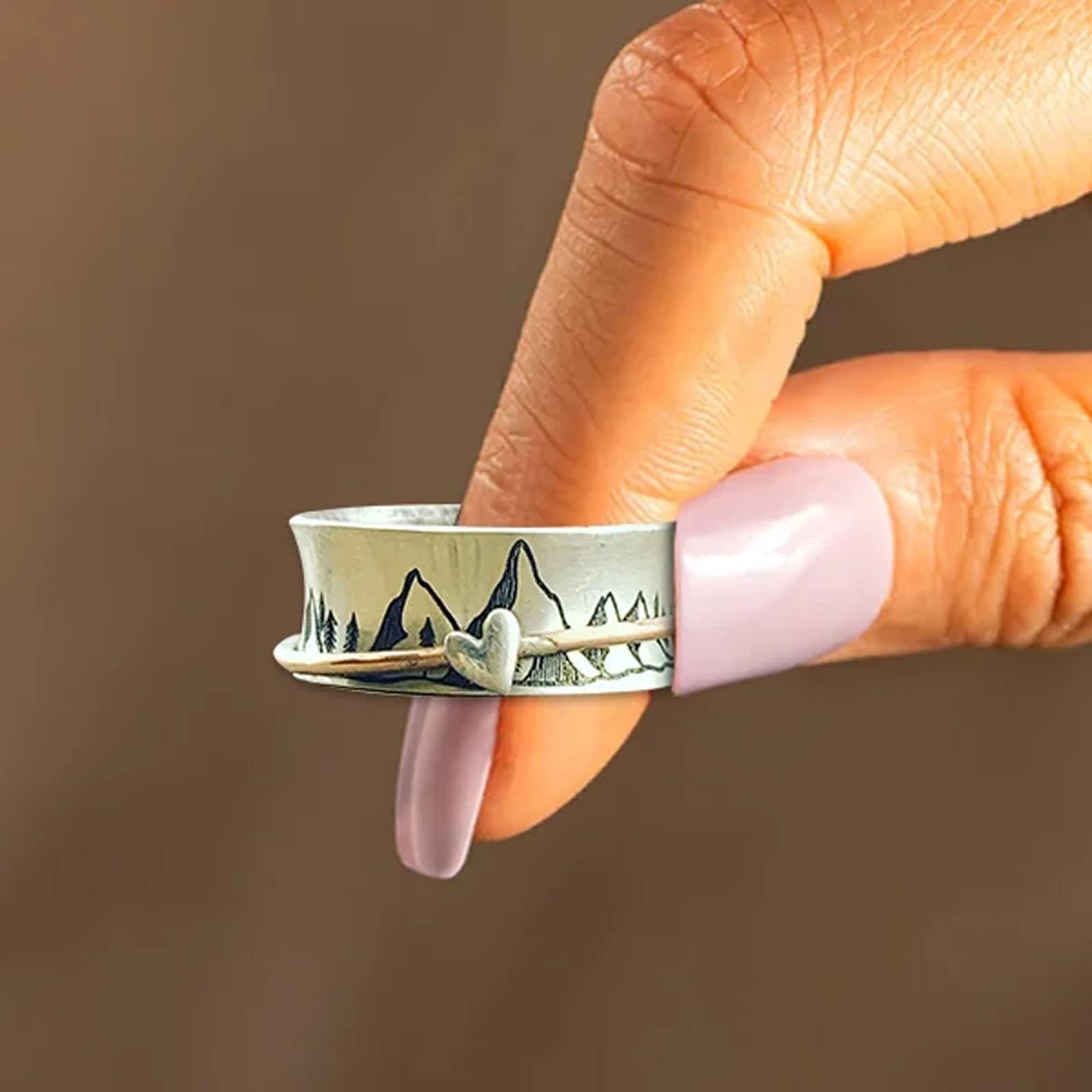 Angyape Keep Climbing Silver Ring, Personalized Fidget Spinner Rings Inspiration Handcrafted Design Mountains Pattern For Women Girls Men Jewelry (9)
