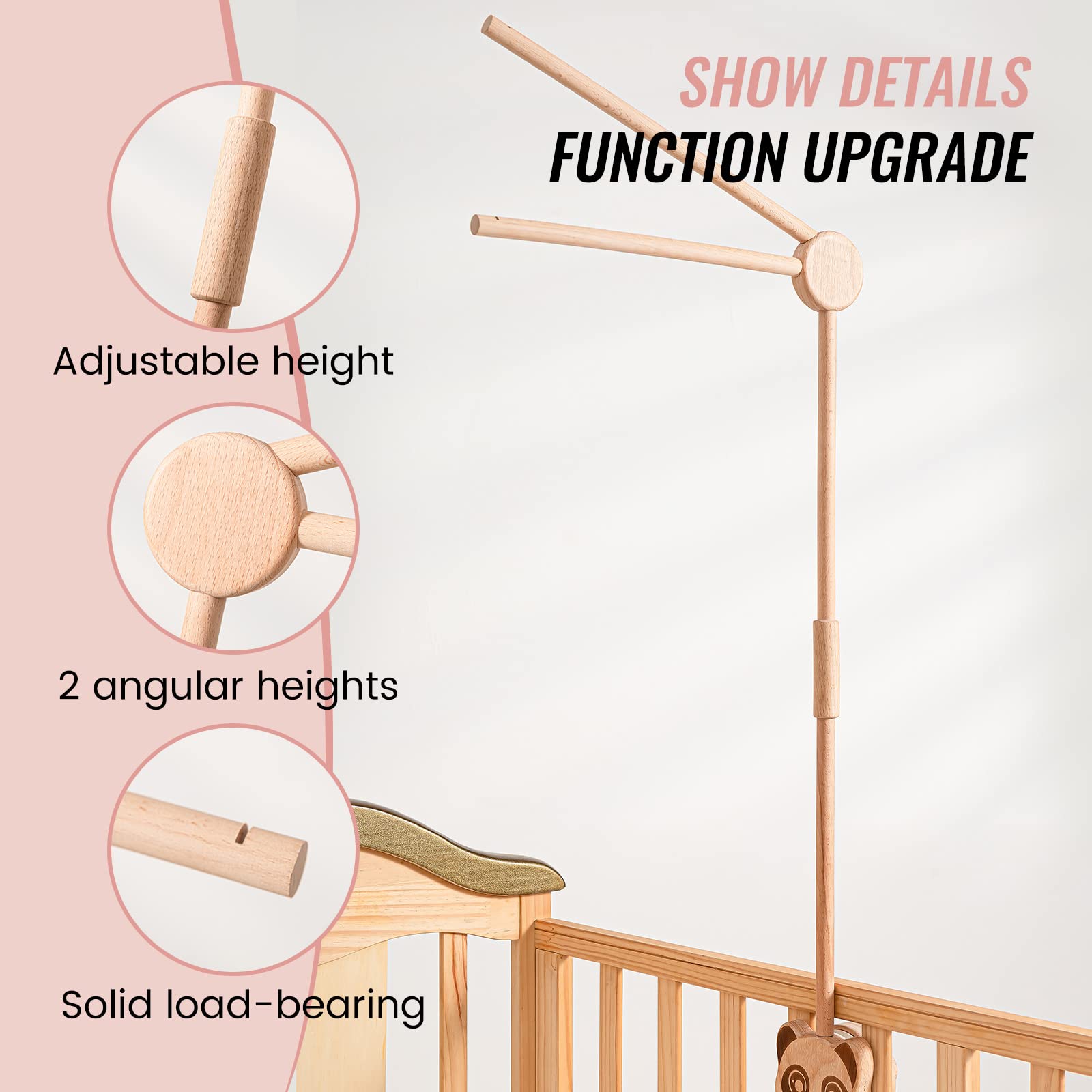 BABY REMEMBER Wooden Baby Crib Mobile Arm Panda-Shape Baby Mobile Holder 100% Beech Crib Mobile Hanger for Crib (Panda)