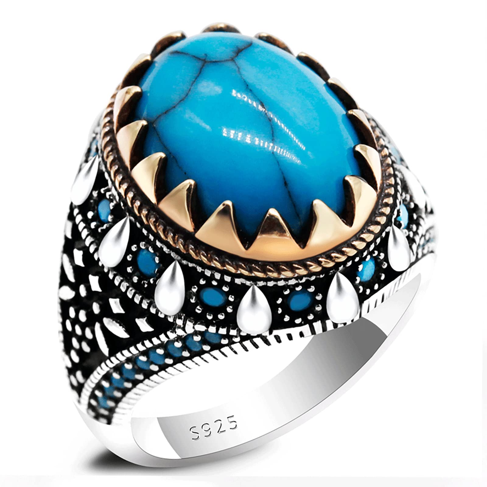 AROTOROM Turquoise Stone 925 sterling silver ring with Oval Sky Blue Stone Ring Life Track Significance Turkish Handmade Jewelry (Size 10)