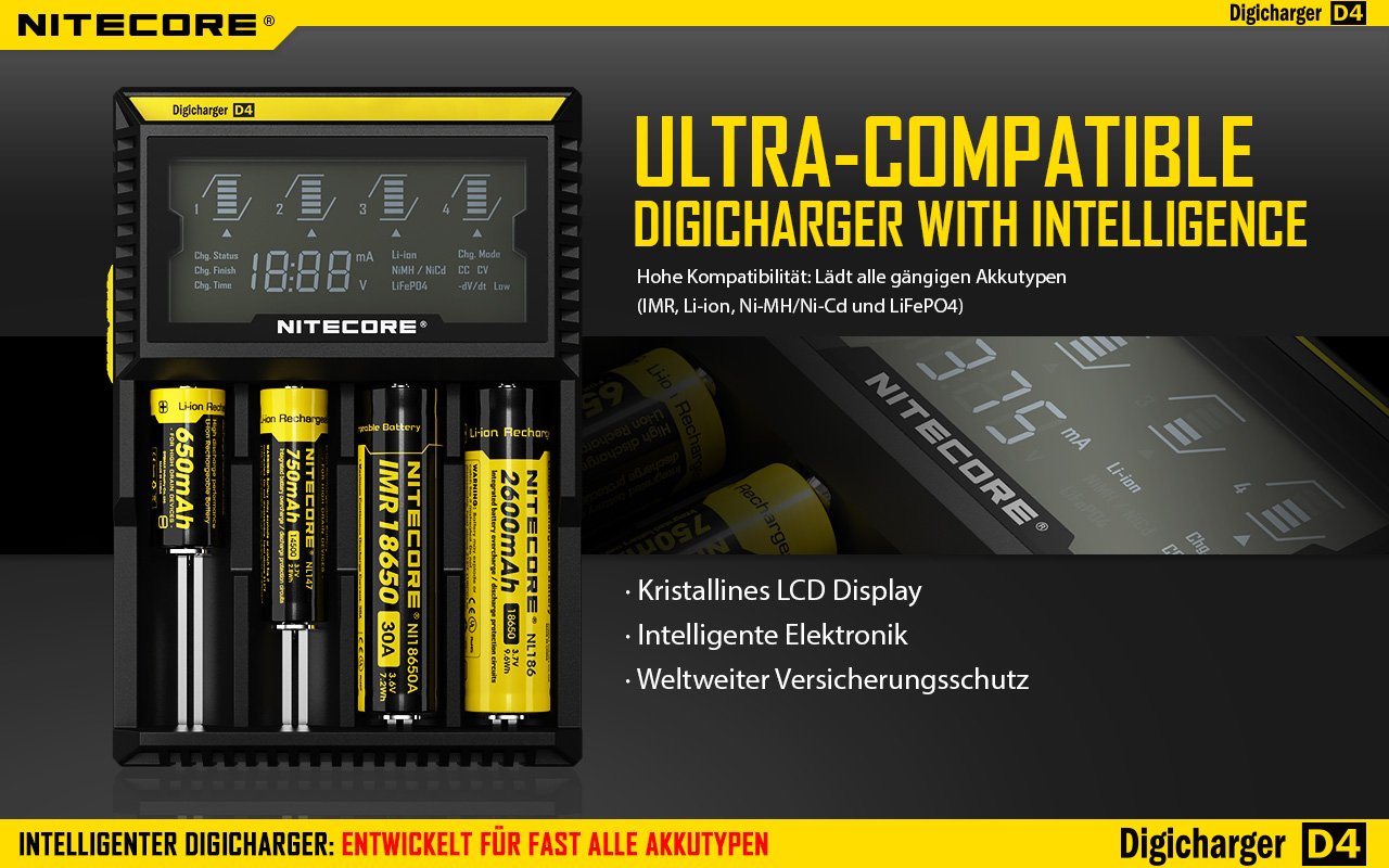 Nitecore Digicharger D4 Battery Four Bays Charger with LCD Display