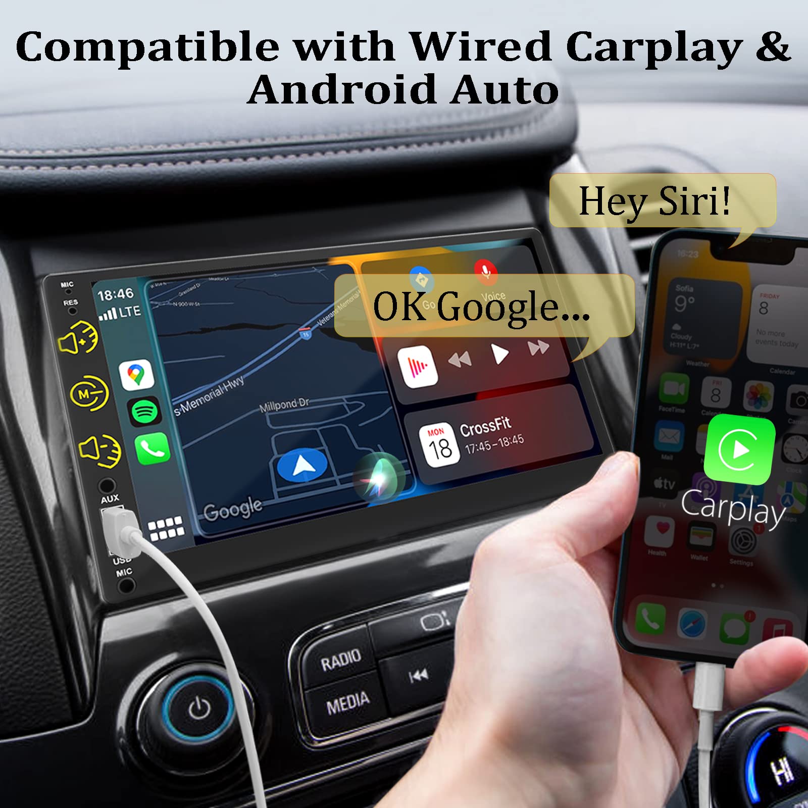 Apple Carplay Double Din Car Stereo Compatible with Android Auto, 7 inch HD Touchscreen Radio with Front Mic and Backup Camera, Car Audio Support Subwoofer, SWC, Voice Control, AM/FM, Mirroring