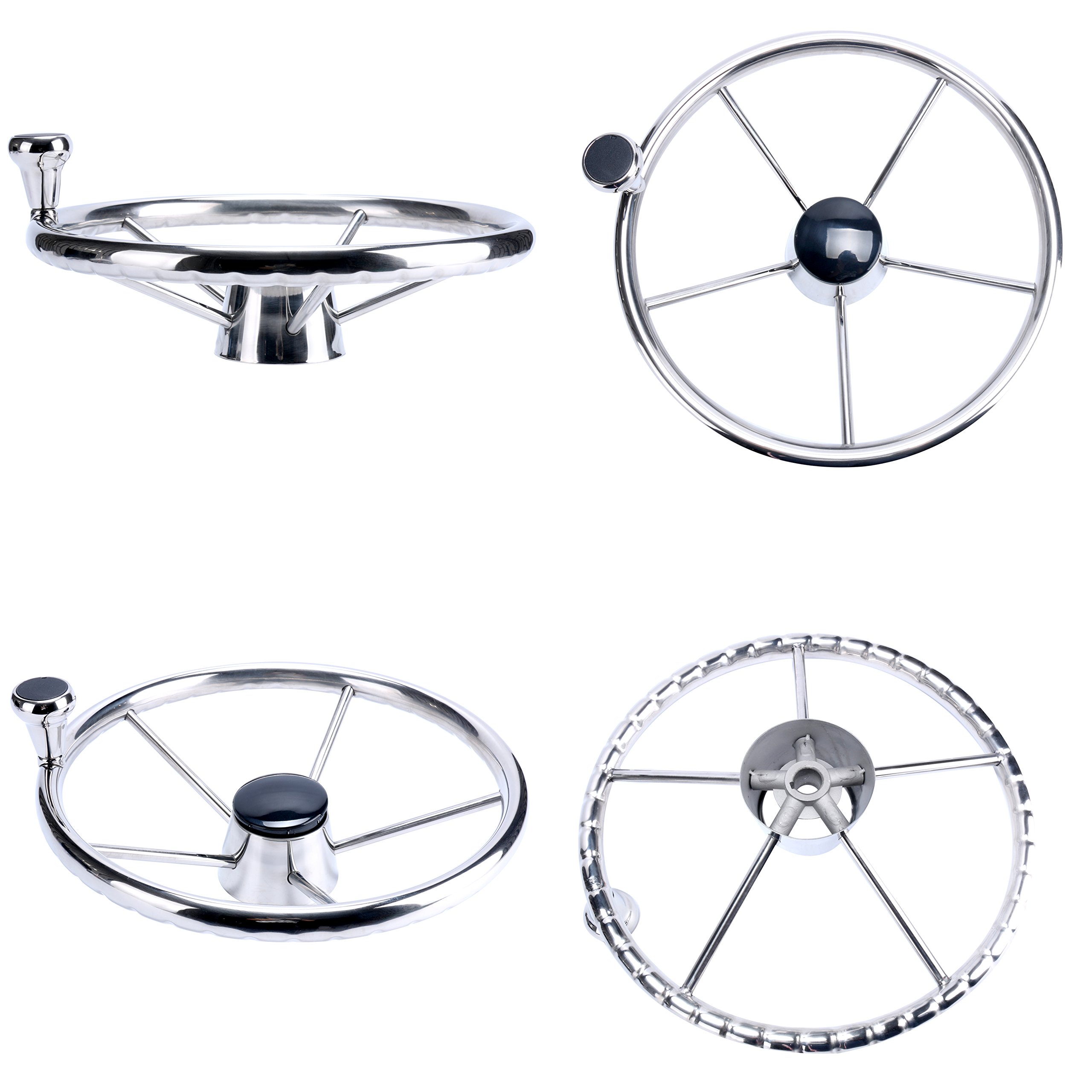 Amarine Made Destroyer Style Stainless Boat Steering Wheel, Marine Steering Wheel 5 Spoke 13-1/2 Inch, Stainless Steering Wheel with Big Size Knob