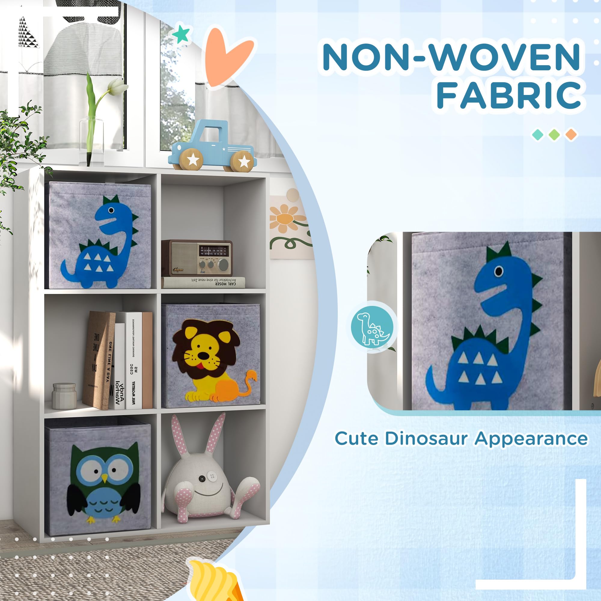 Qaba Children's Toy Organizer, Toy Storage with 3 Storage Bins and Cute Animal Design, Toy Shelf for Kids 3+ Years Old, White