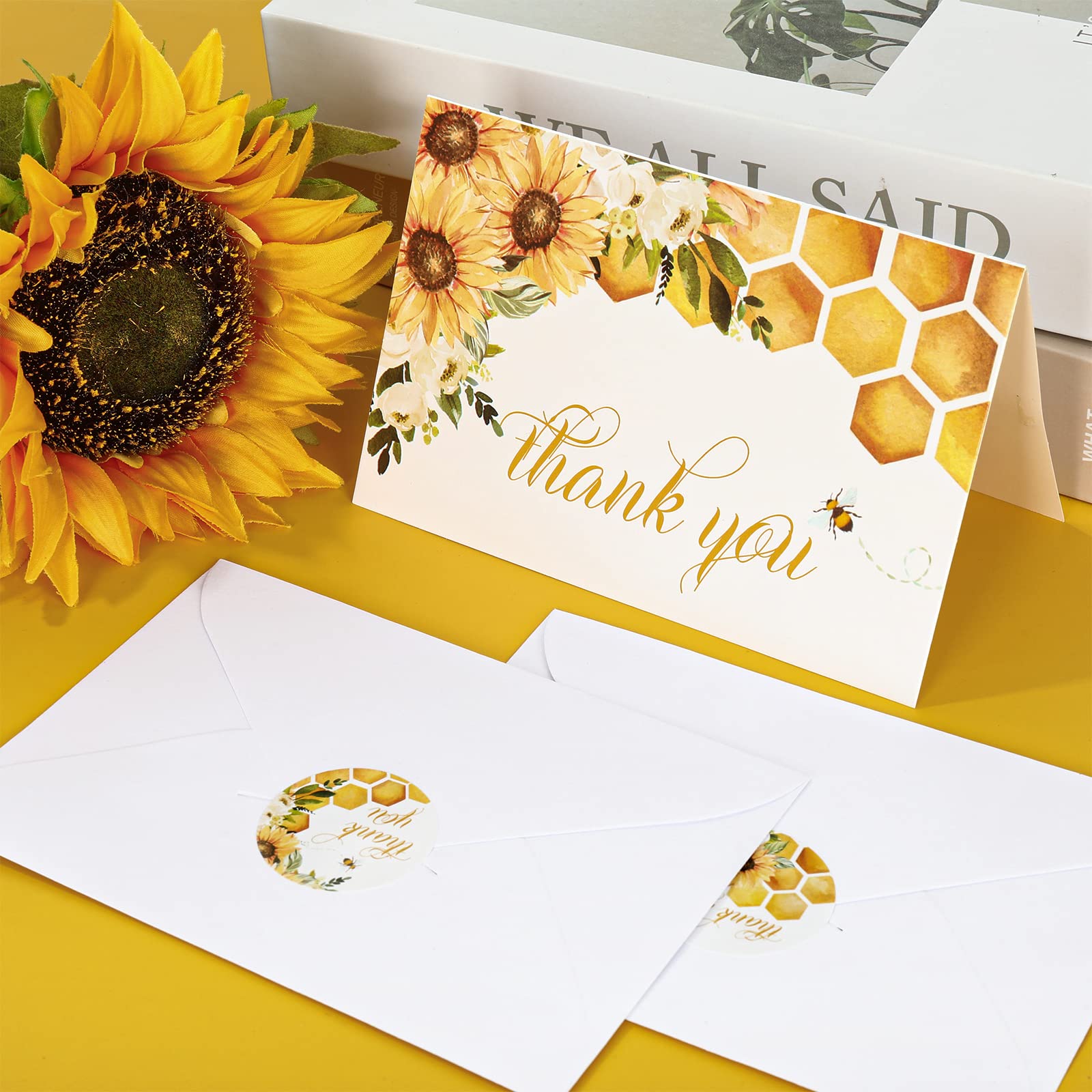 AnyDesign Sunflower Bee Thank You Cards Bulk 30 Pack Thank You Notes with Matching Seal Stickers Envelopes Blank Greeting Note cards for Wedding Baby Shower Bridal Birthday Party Invitation