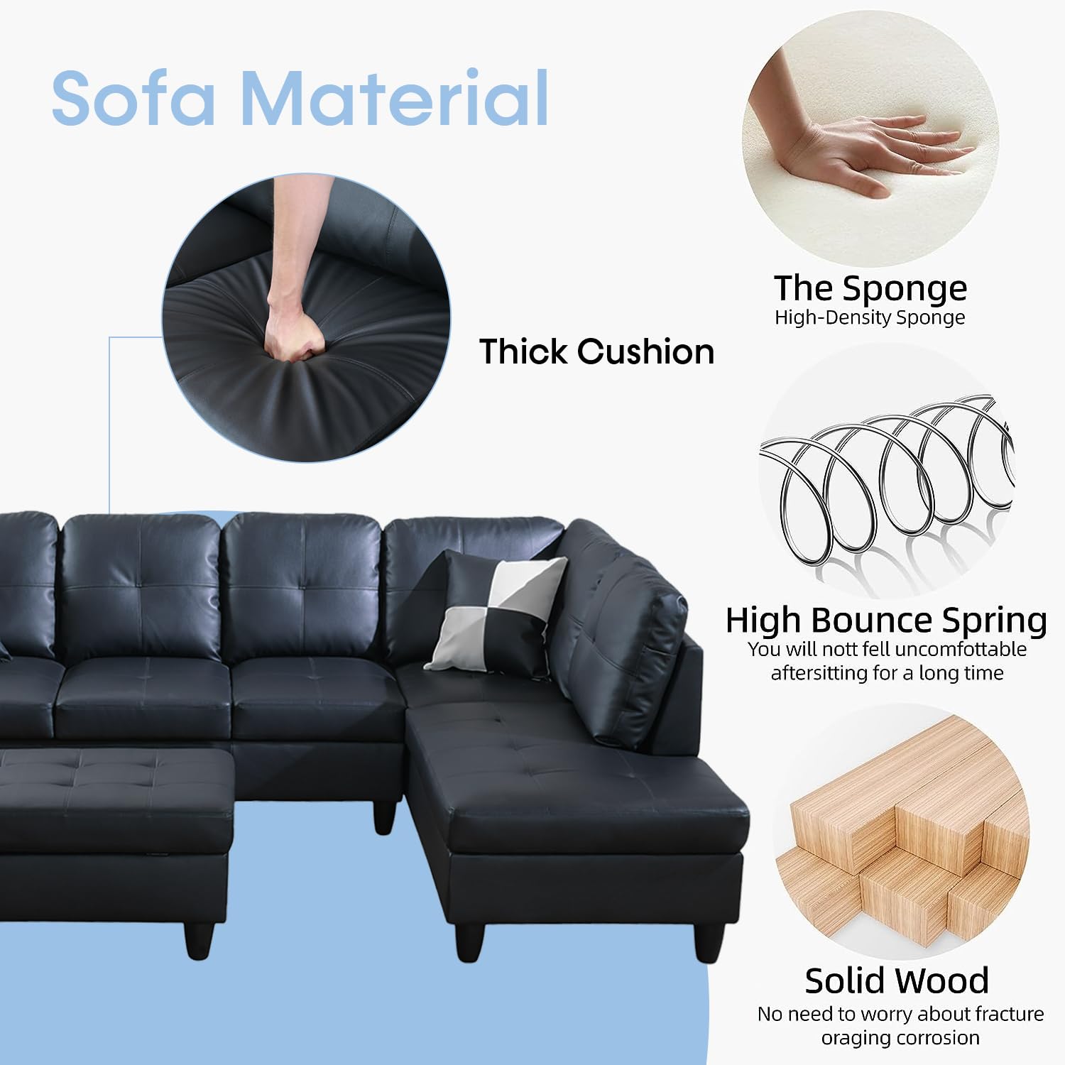 Caberryne Sectional Couch for Living Room Furniture Sets,Black Leather Sectional Sofa L Shape Couch with Chaise and Storage Ottoman for Living Room/Apartment/Office(Facing Right Chaise)