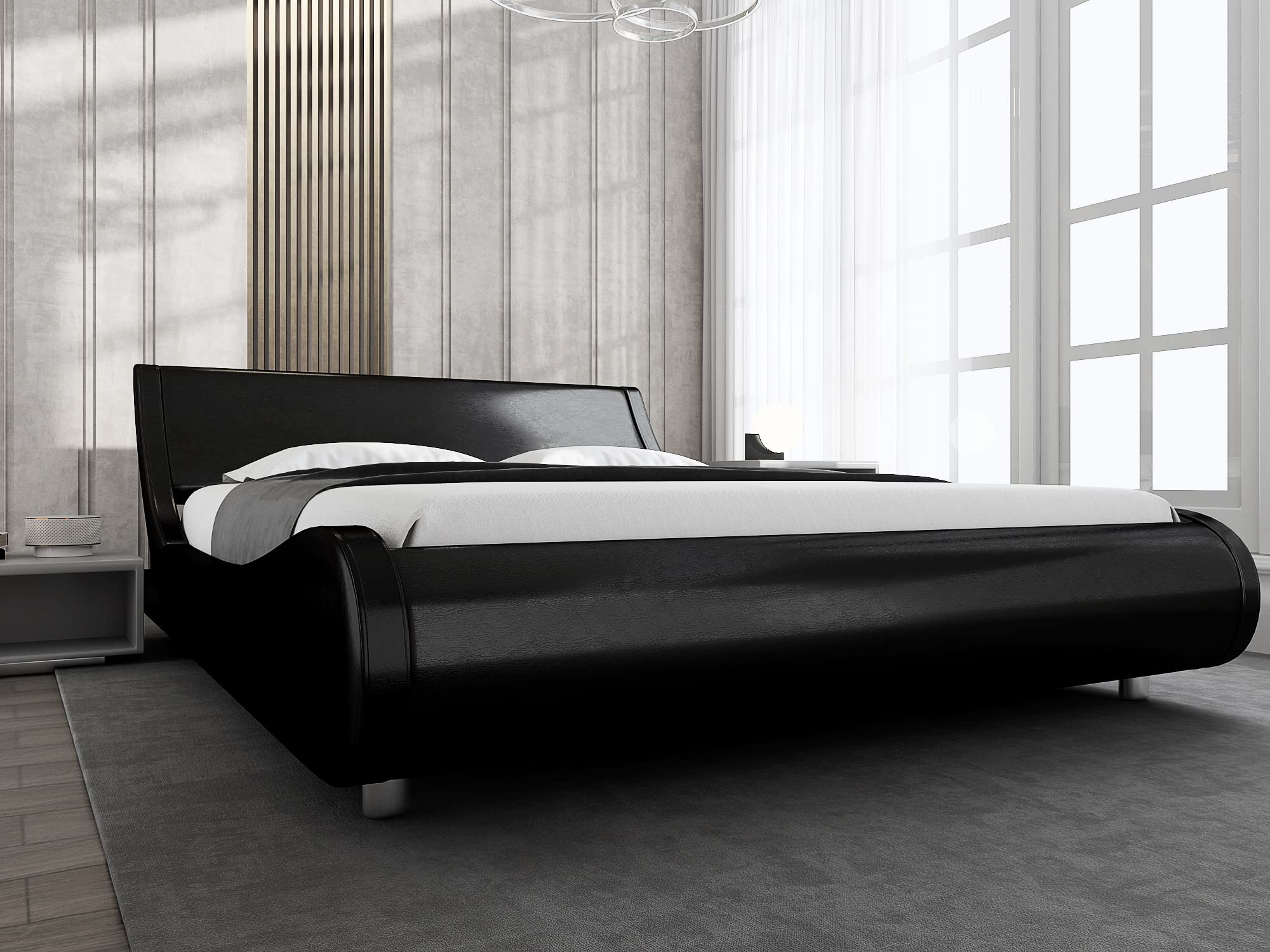 Allewie Upholstered Queen Size Platform Bed Frame Modern Low Profile Sleigh Bed with Faux Leather Headboard, Easy Assembly, No Box Spring Needed, Black & White